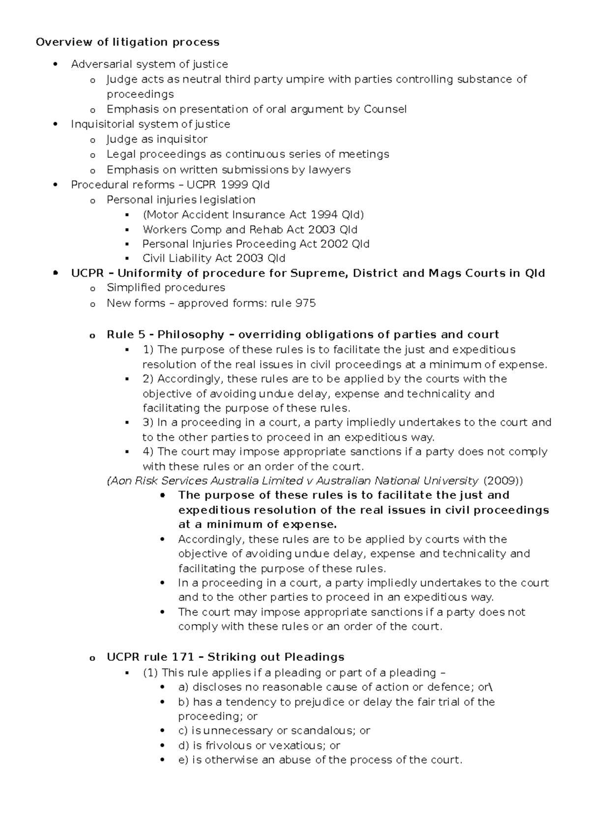 UCPR Qld: Overview of Litigation Process & Legal Responsibilities - Studocu