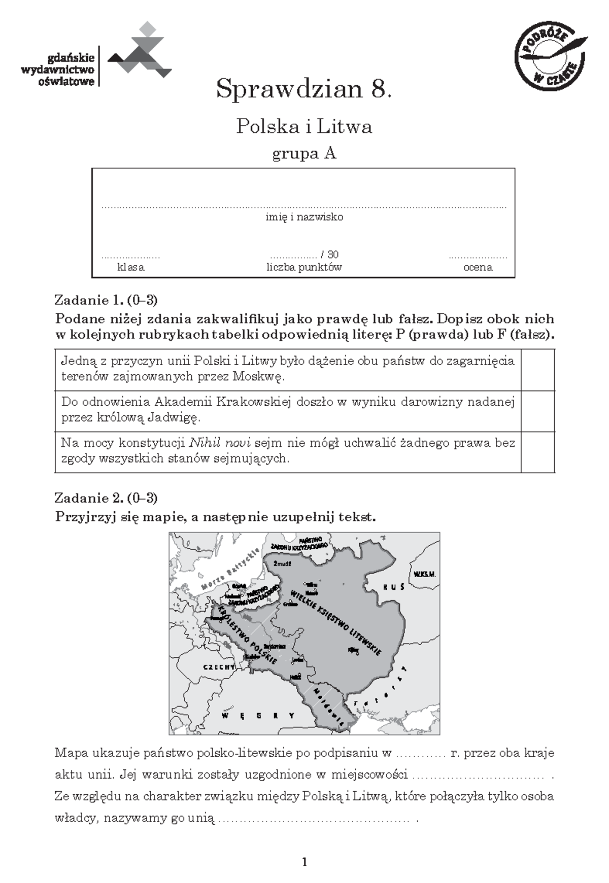 Sprawdzian 8: Polska i Litwa - Grupa A (Wersja A) - Studocu