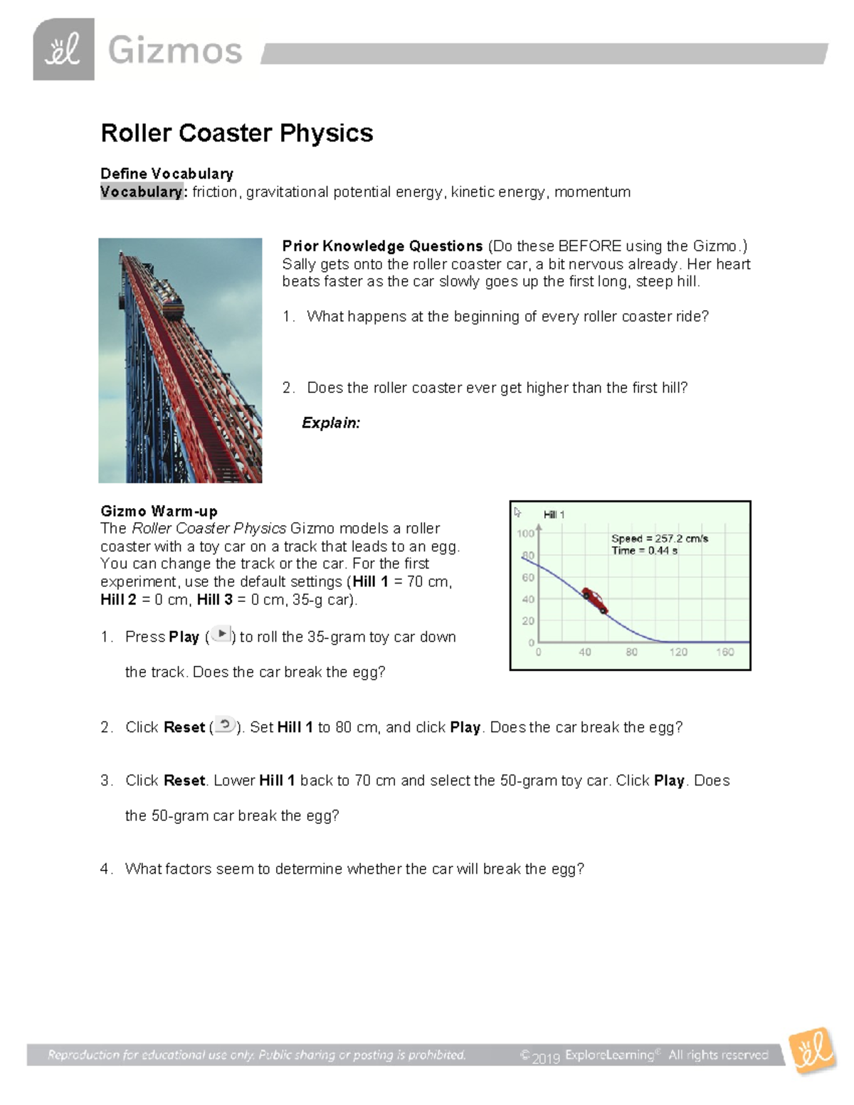 Roller Coaster SE - gizmo - Roller Coaster Physics Define Vocabulary ...