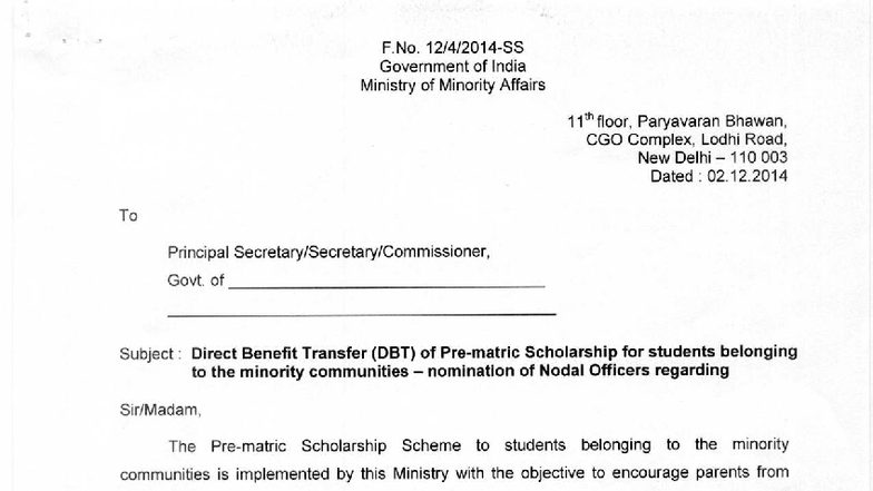DBT of Pre Matric Scholarship for Minority Communities - Nodal Officers ...