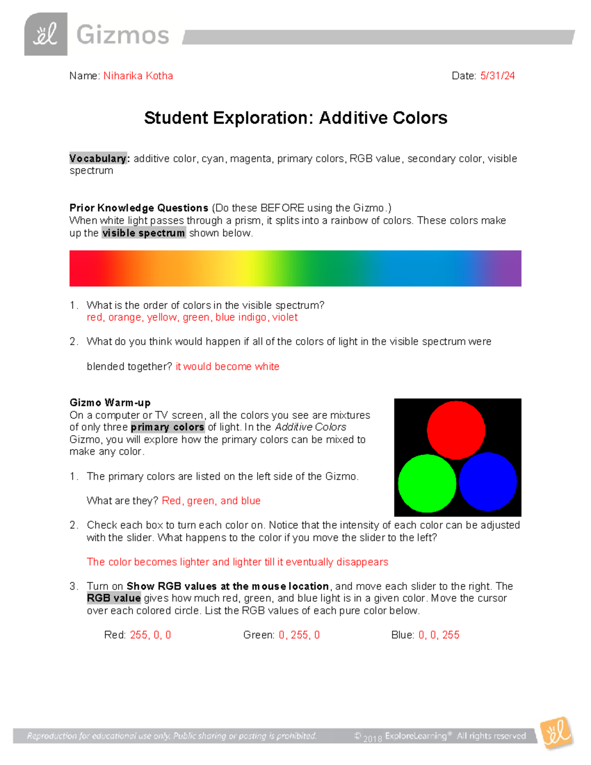 Additive Colors SE - Gizmo Exploration and RGB Values Guide - Studocu