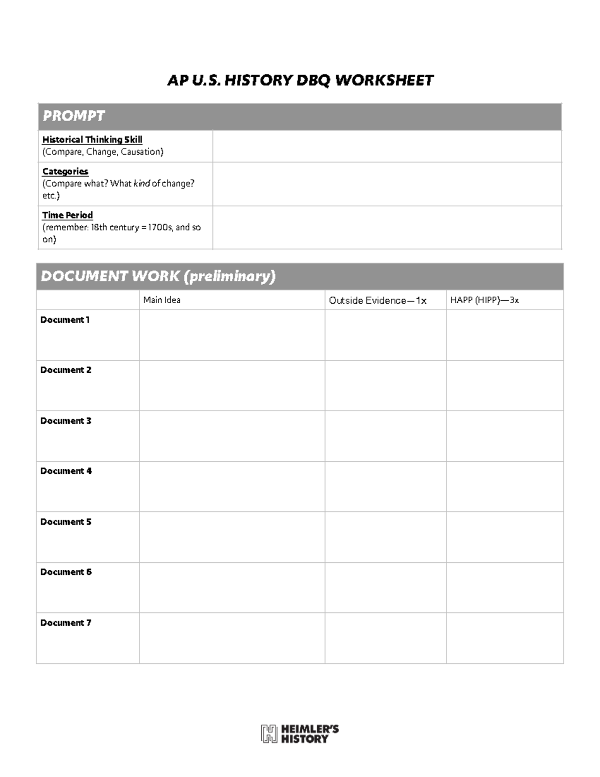 APUSH DBQ Worksheet for Historical Thinking Skills & Thesis Writing ...