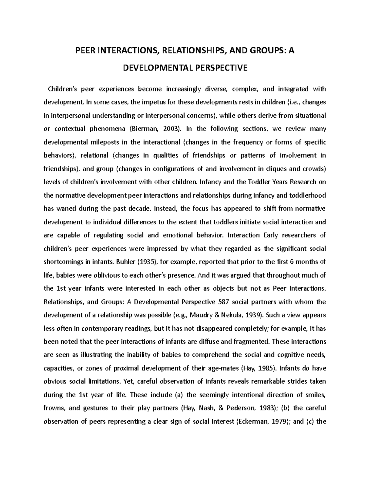 A Developmental Perspective - PEER INTERACTIONS, RELATIONSHIPS, AND ...