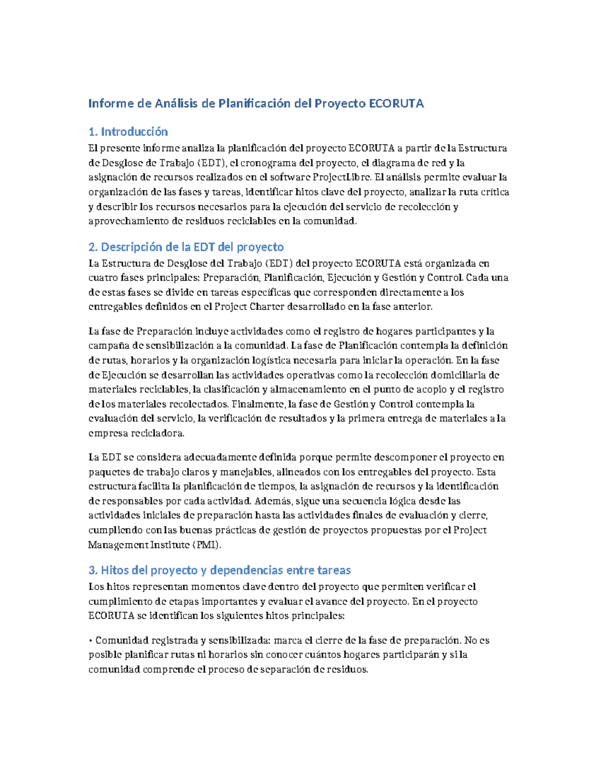 Informe de Análisis de Planificación del Proyecto ECORUTA - Studocu