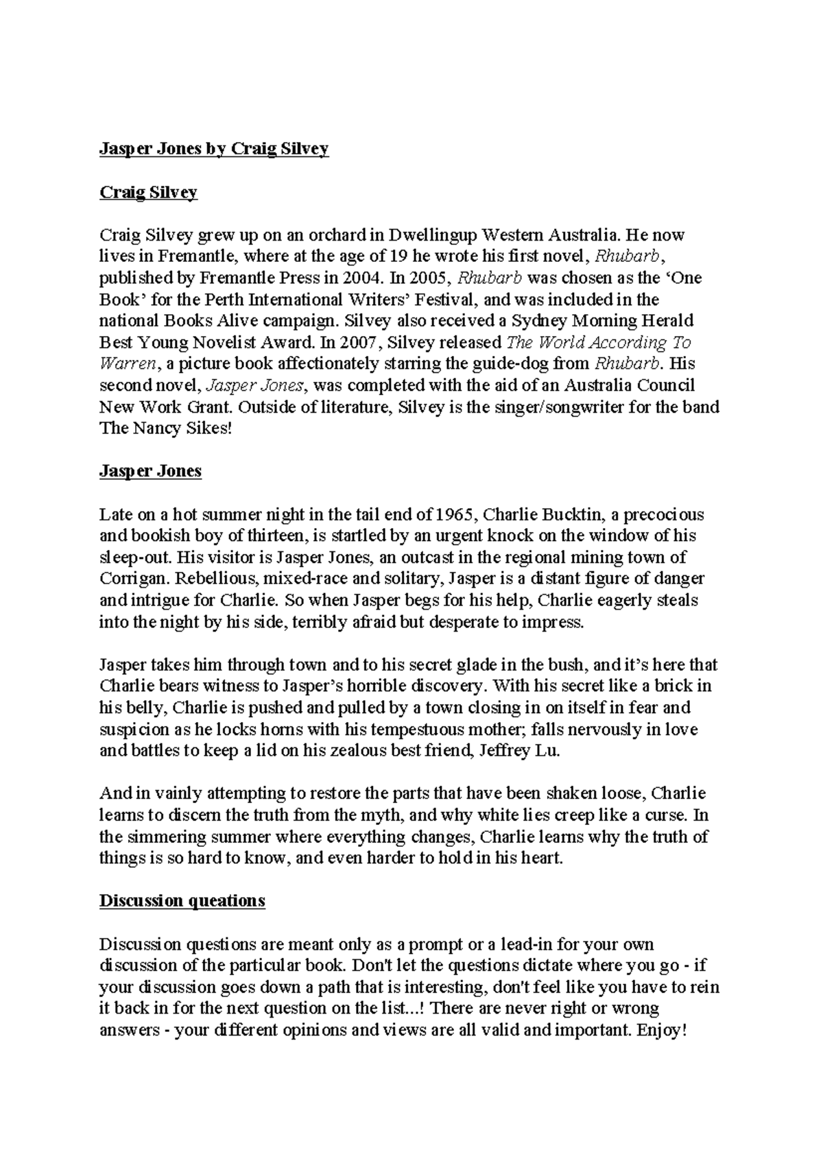 Jasper Jones - Summary AND Questions - Jasper Jones by Craig Silvey ...