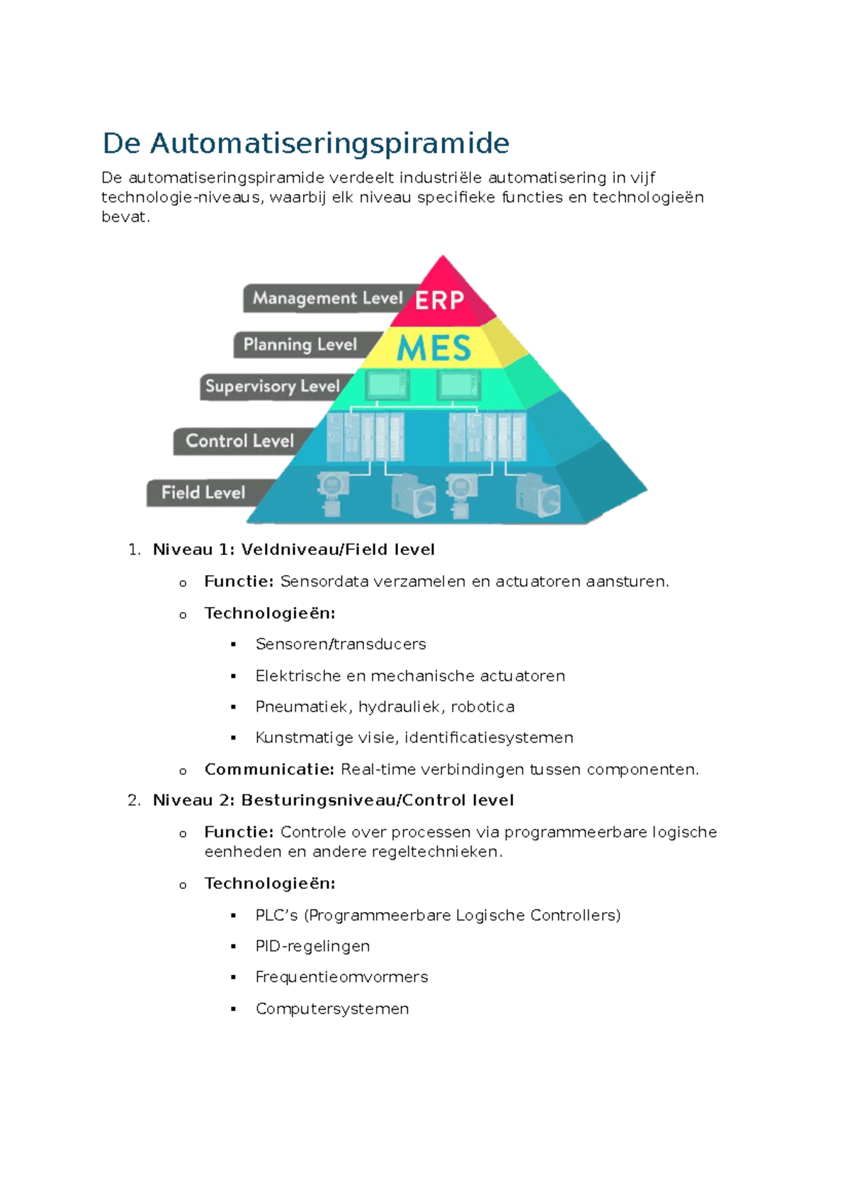 Theorie van de Automatiseringspiramide en Industriële Netwerken - Studocu