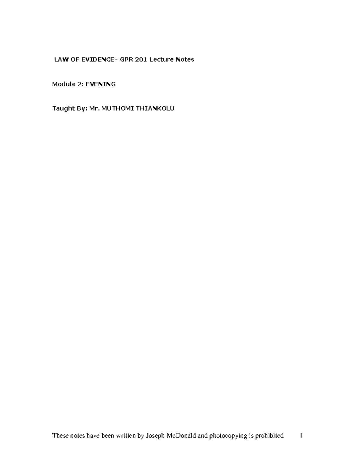 Lecture Notes on LAW OF EVIDENCE - GPR 201 (Module 2) - Studocu