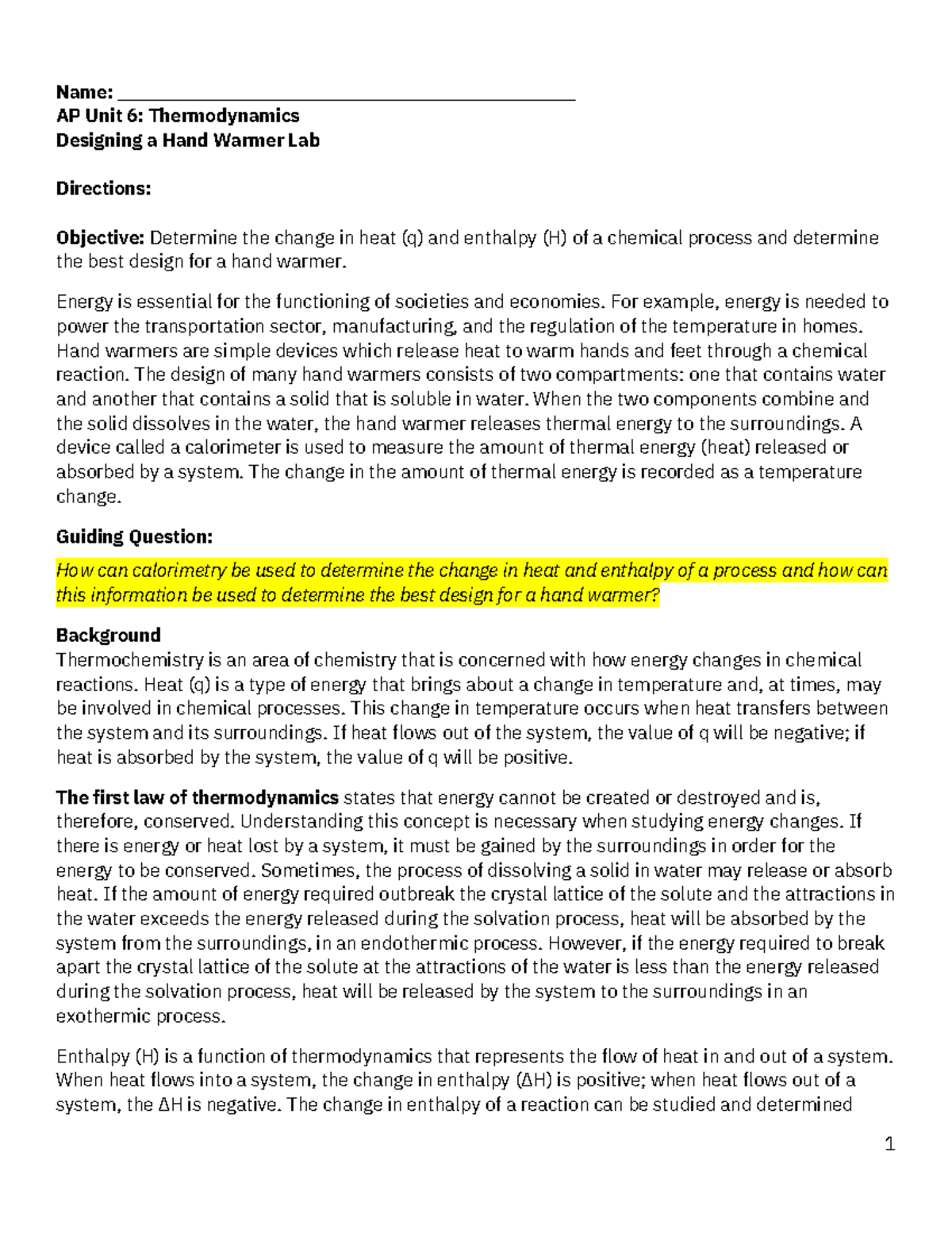 AP Chemistry Lab: Designing Effective Hand Warmers Using Thermodynamics ...