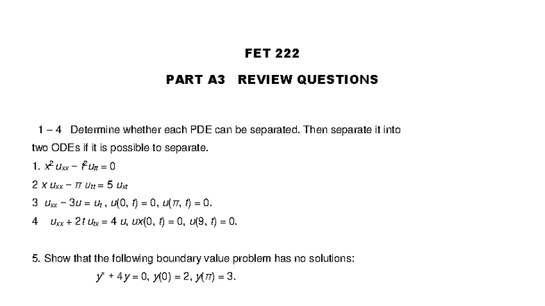 FET 222 A3 Review: PDE Separation & Boundary Value Problems - Studocu