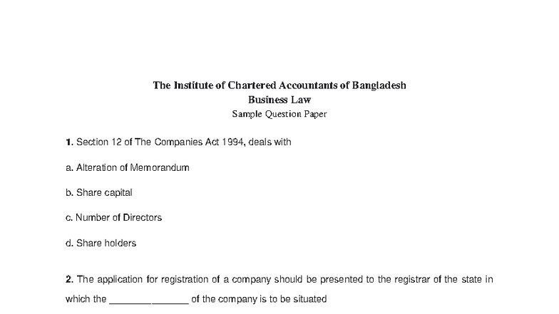 ICAB Business Law Sample Question Paper 1 - Companies Act 1994 - Studocu