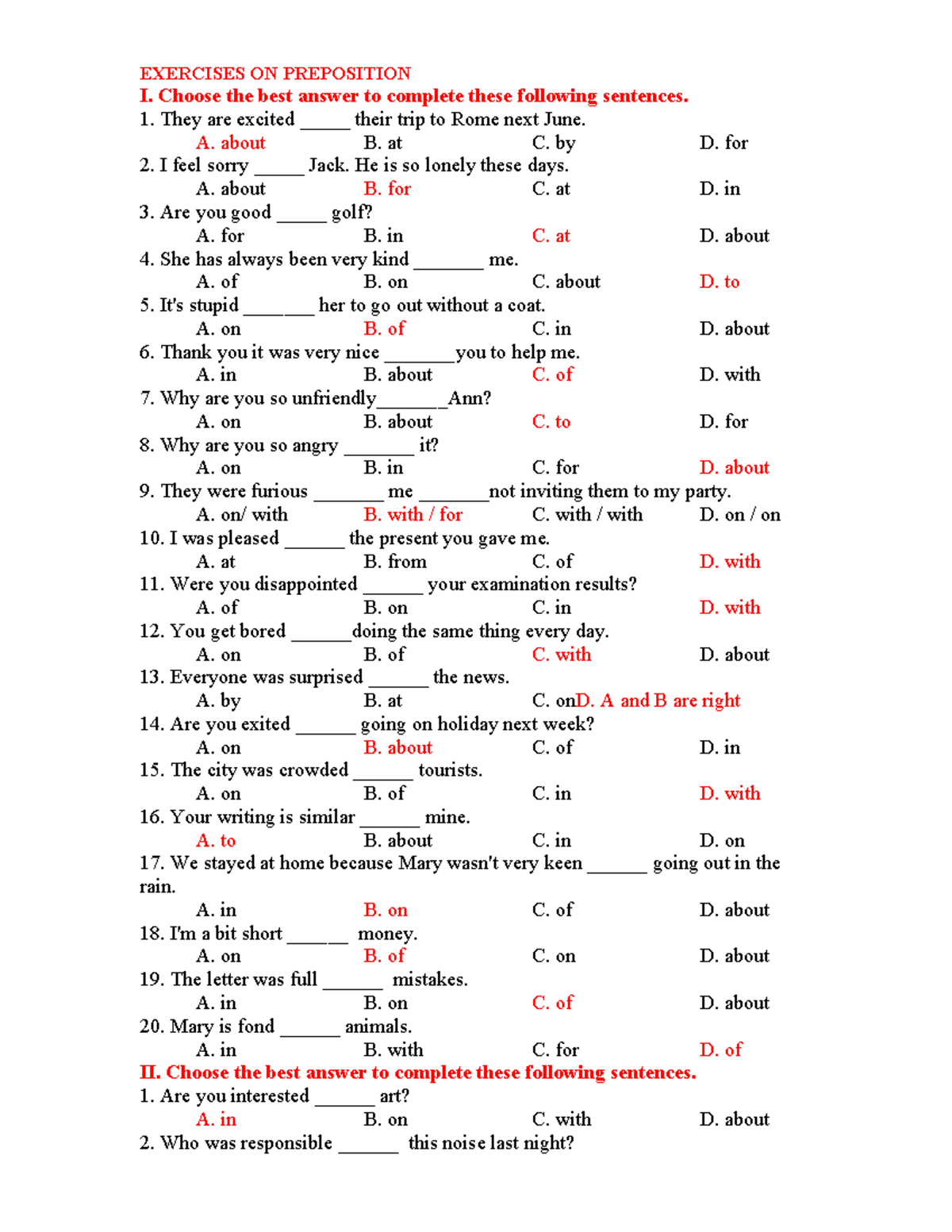 200 CÂU Exercises ON Preposition: Complete the Sentences - Studocu