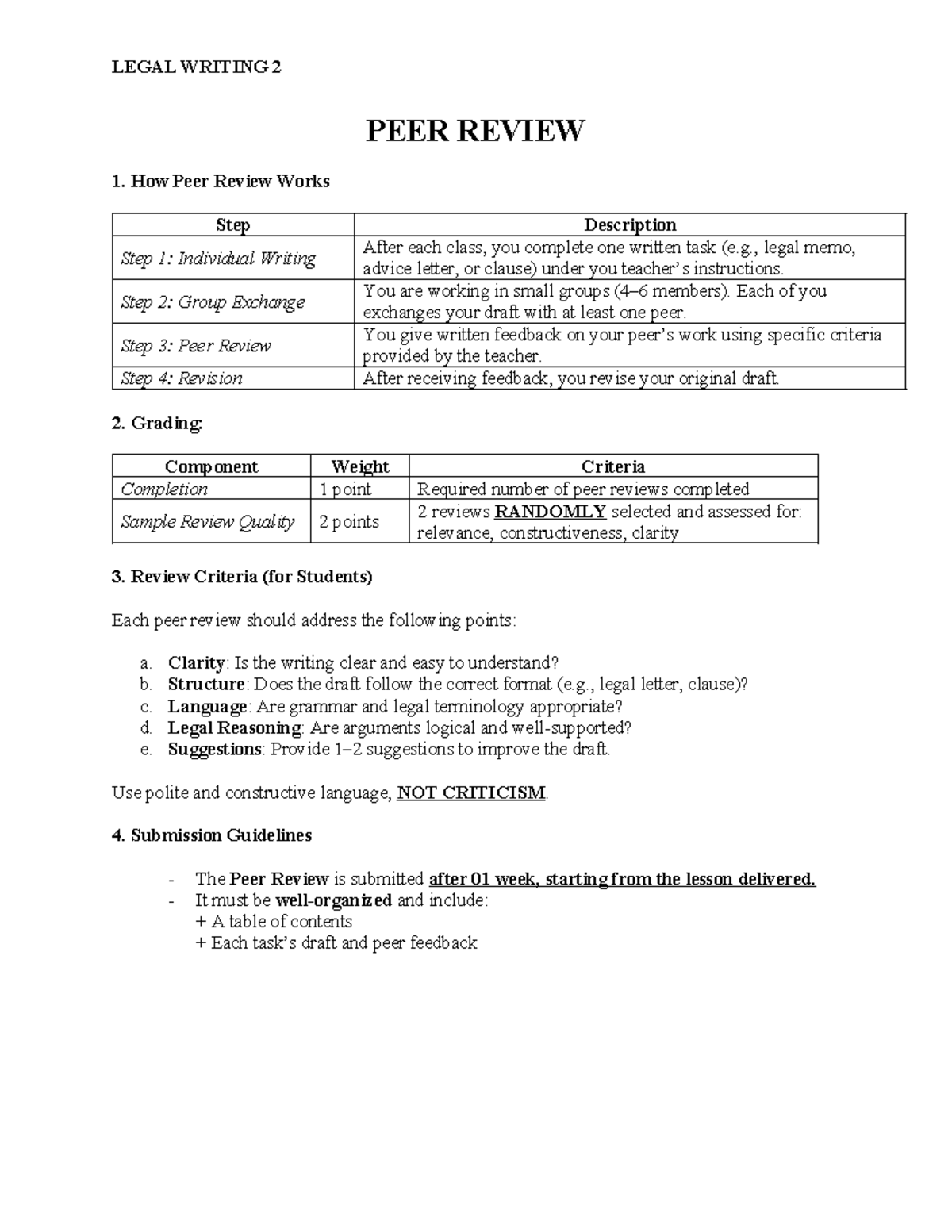 LEGAL WRITING 2: Peer Review Guidelines and Process - Studocu