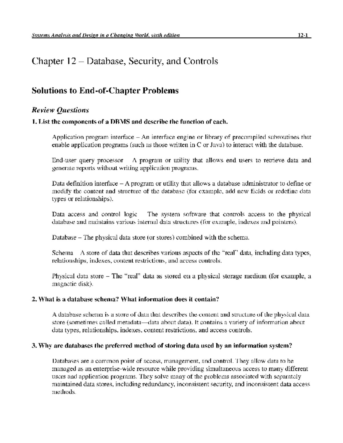 Database, Security, and Controls Solutions - Systems Analysis and ...