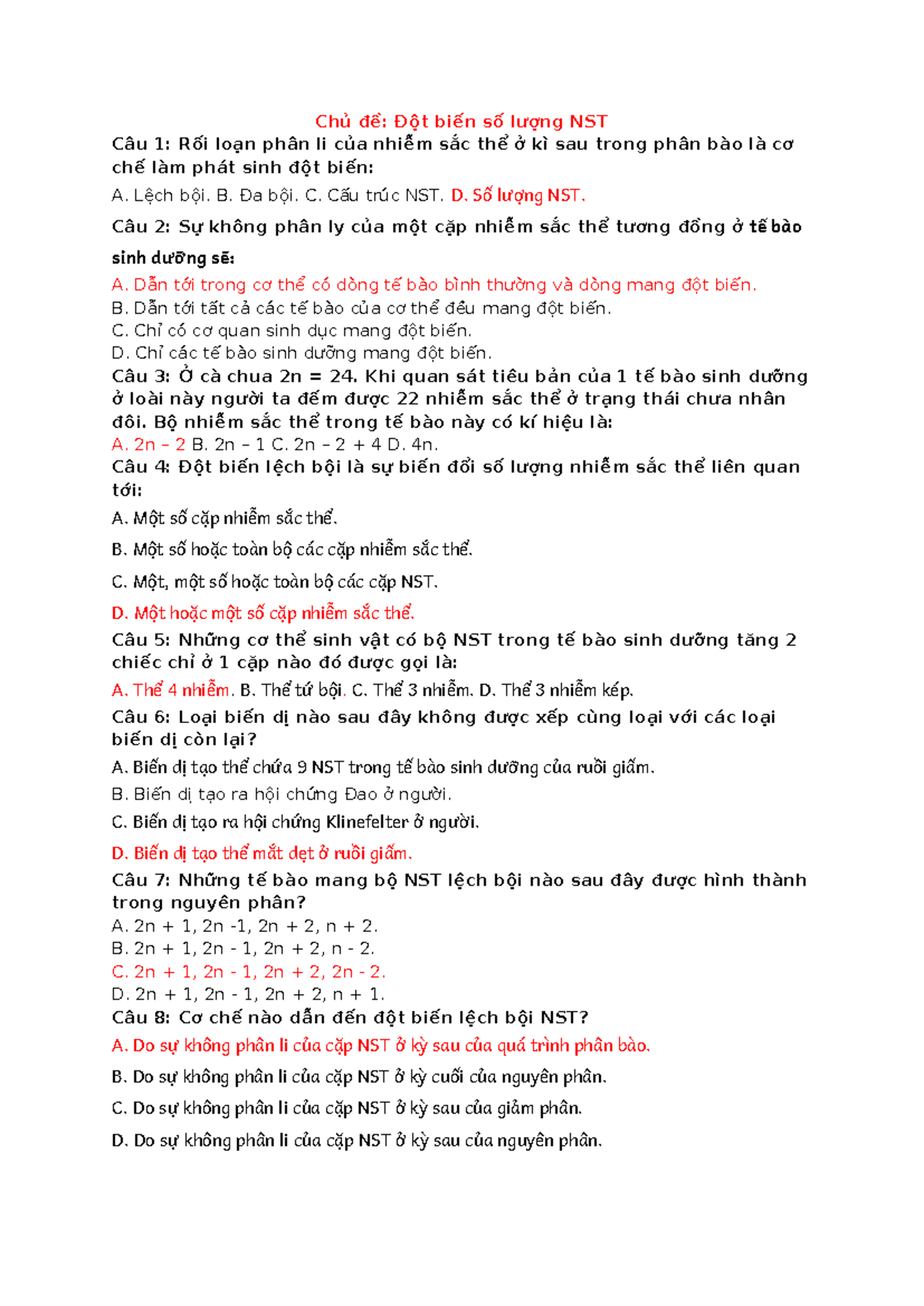 2526 - Sinh - Đột Biến Số Lượng NST và Quy Luật Phân Li - Studocu