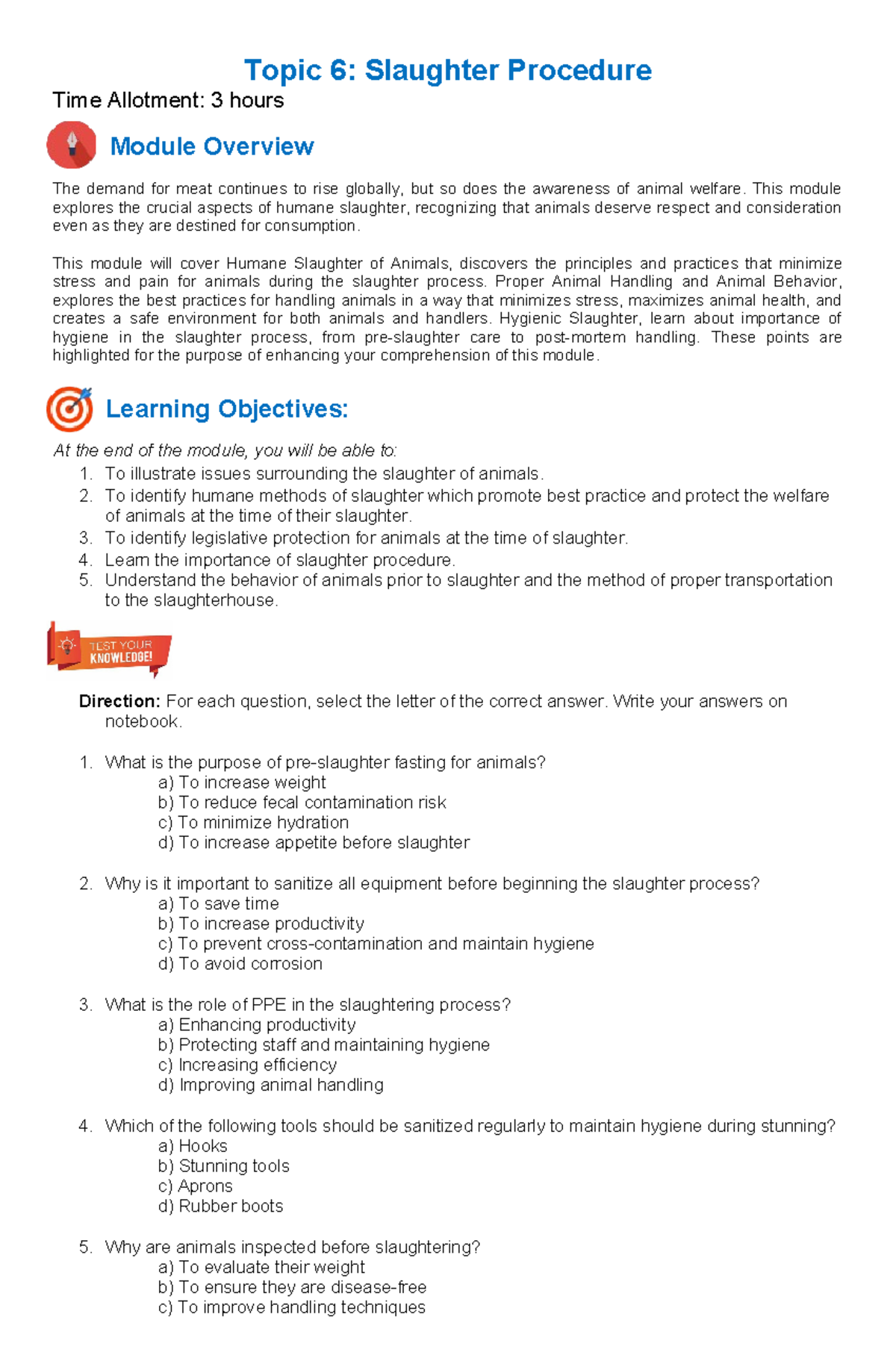 Topic-6: Best Practices for Humane Slaughter Procedures - Studocu