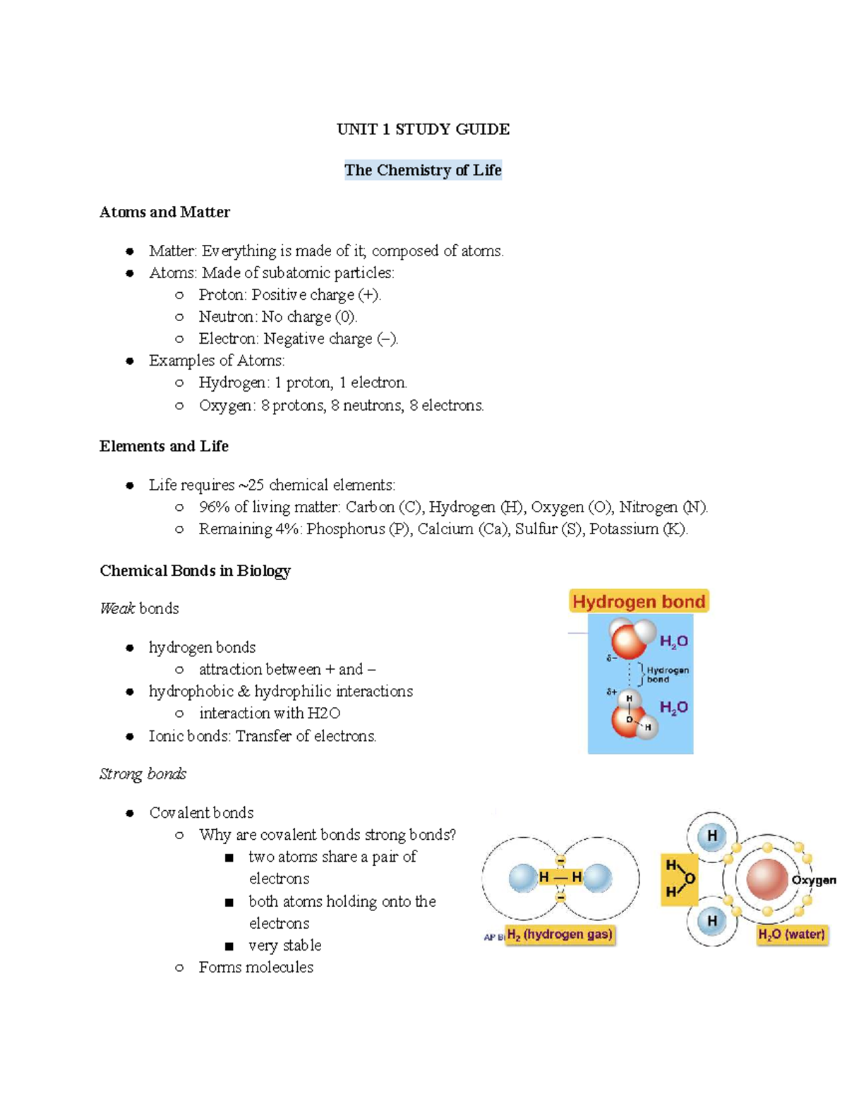 AP BIO 101 Unit 1 Study Guide: The Chemistry of Life and Matter - Studocu
