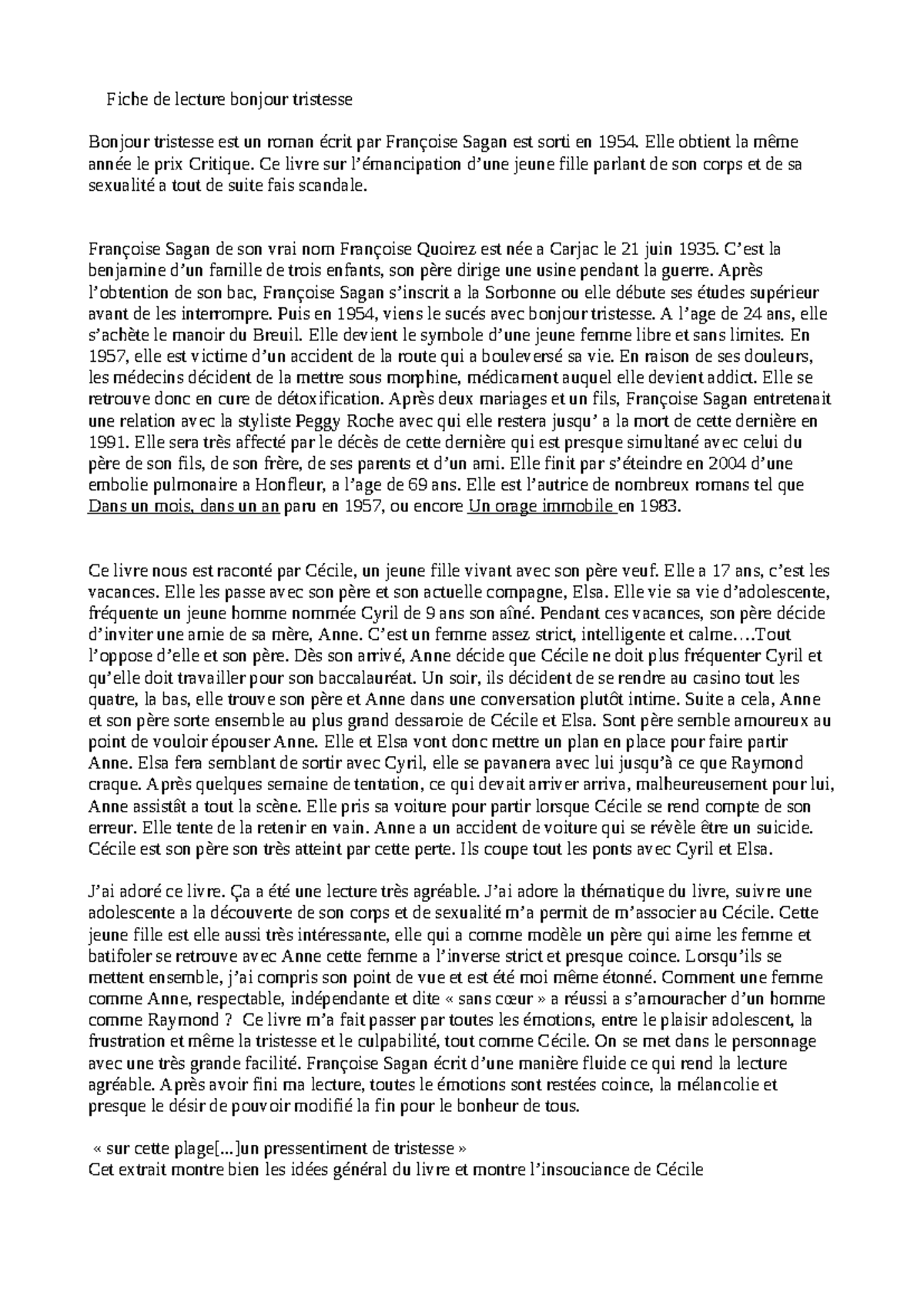 Fiche de Lecture: Bonjour Tristesse - Résumé et Analyse Littéraire ...