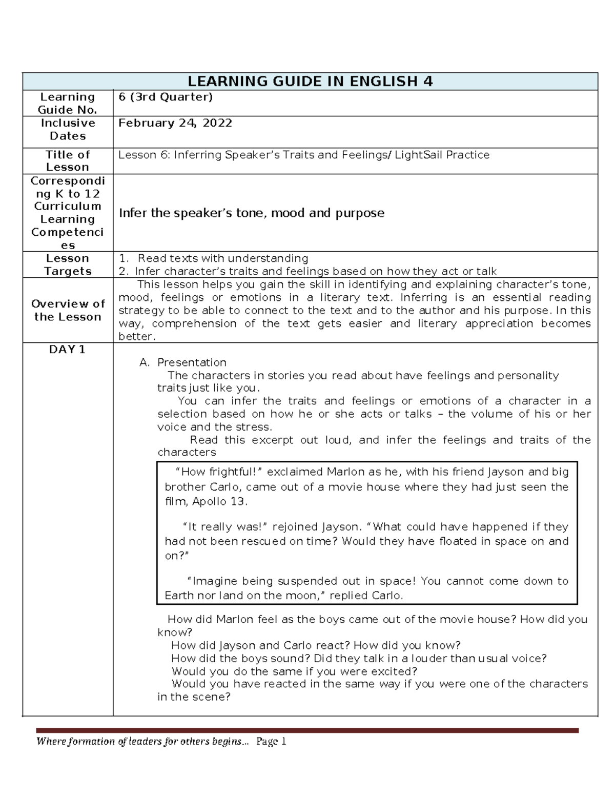 English 4 Learning Guide 6: Inferring Traits & Feelings - Studocu