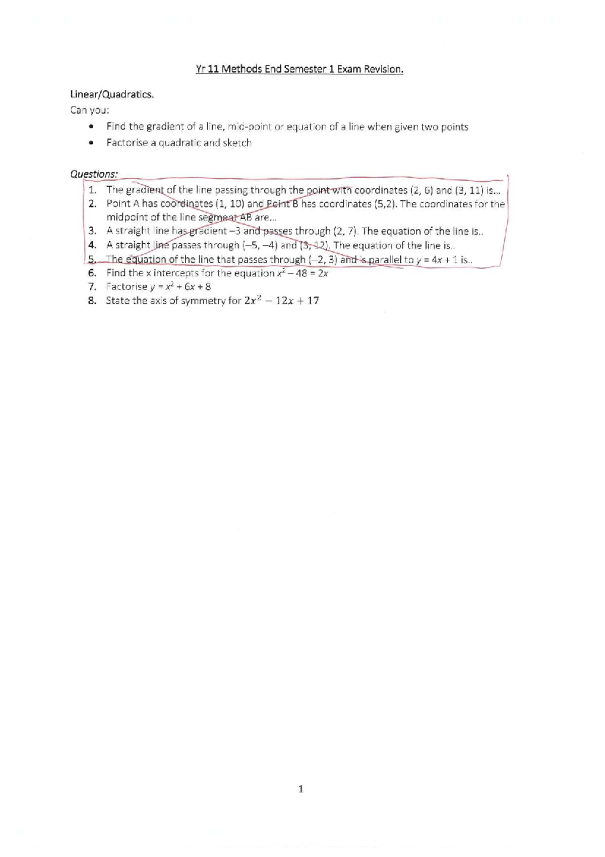 Yr 11 Methods End Semester 1 Exam Revision - Studocu