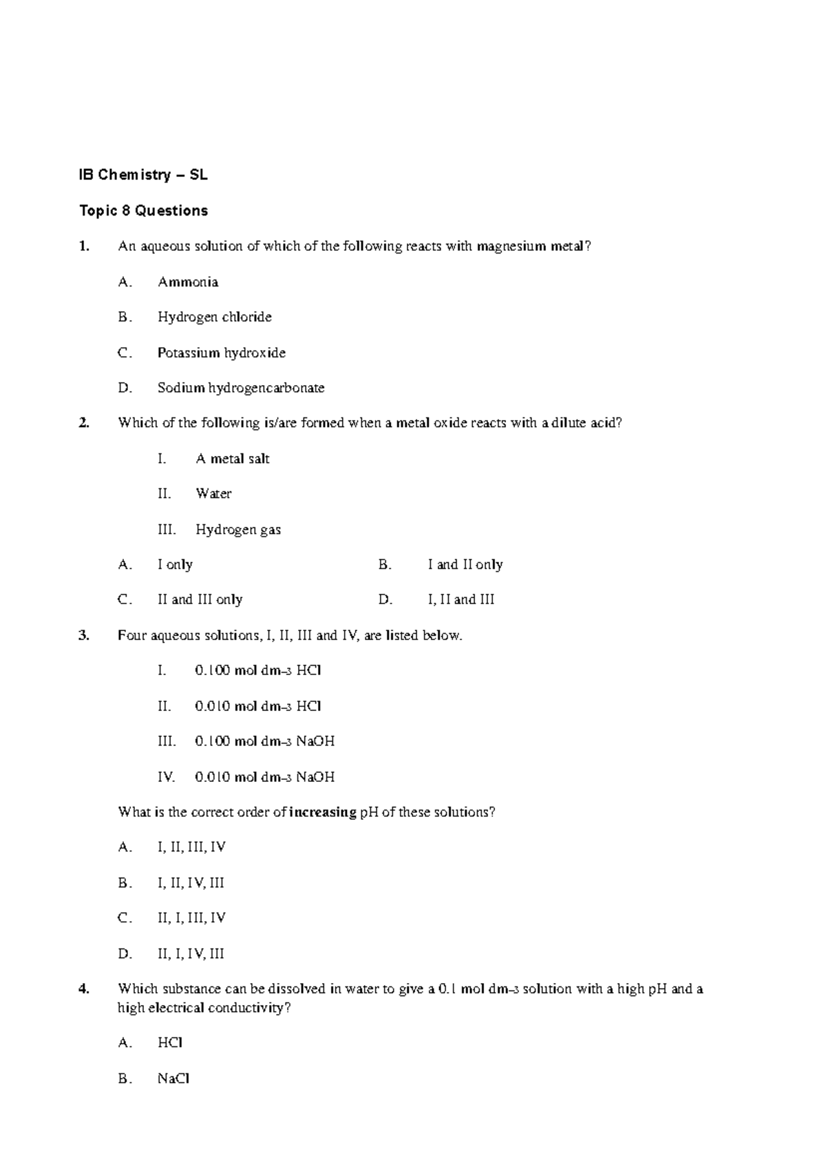 IB Chemistry SL Topic 8 Past Paper Questions on Acids & Bases - Studeersnel