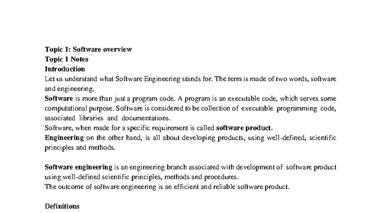 Fundamentals of Software Engineering: Topic 1 Overview - Studocu