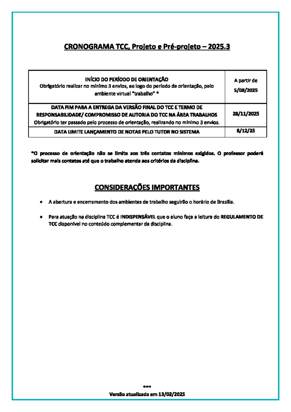 Cronograma TCC 2025.3: Orientação e Entrega Final - Studocu