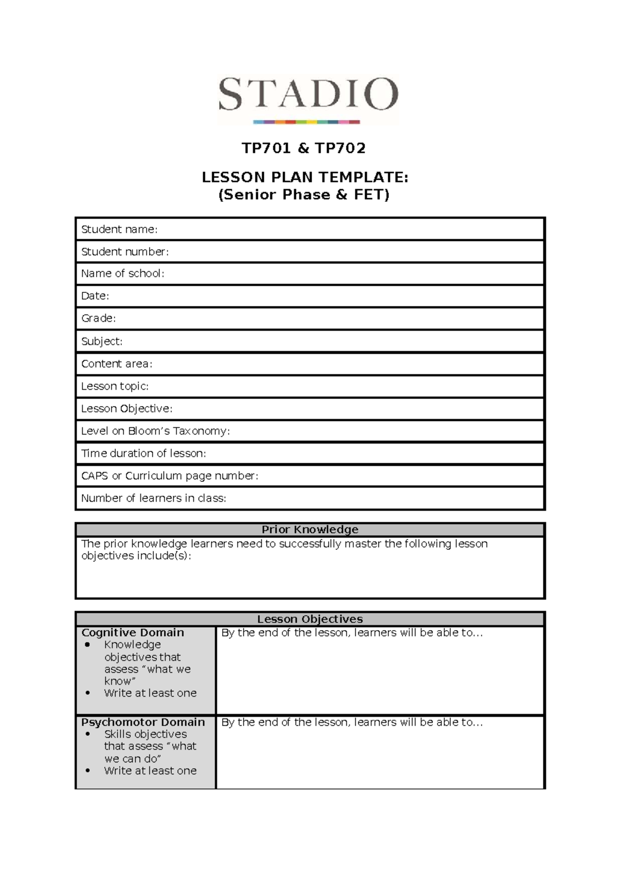 TP701 TP702 Lesson Plan Template for Senior Phase FET - Studocu
