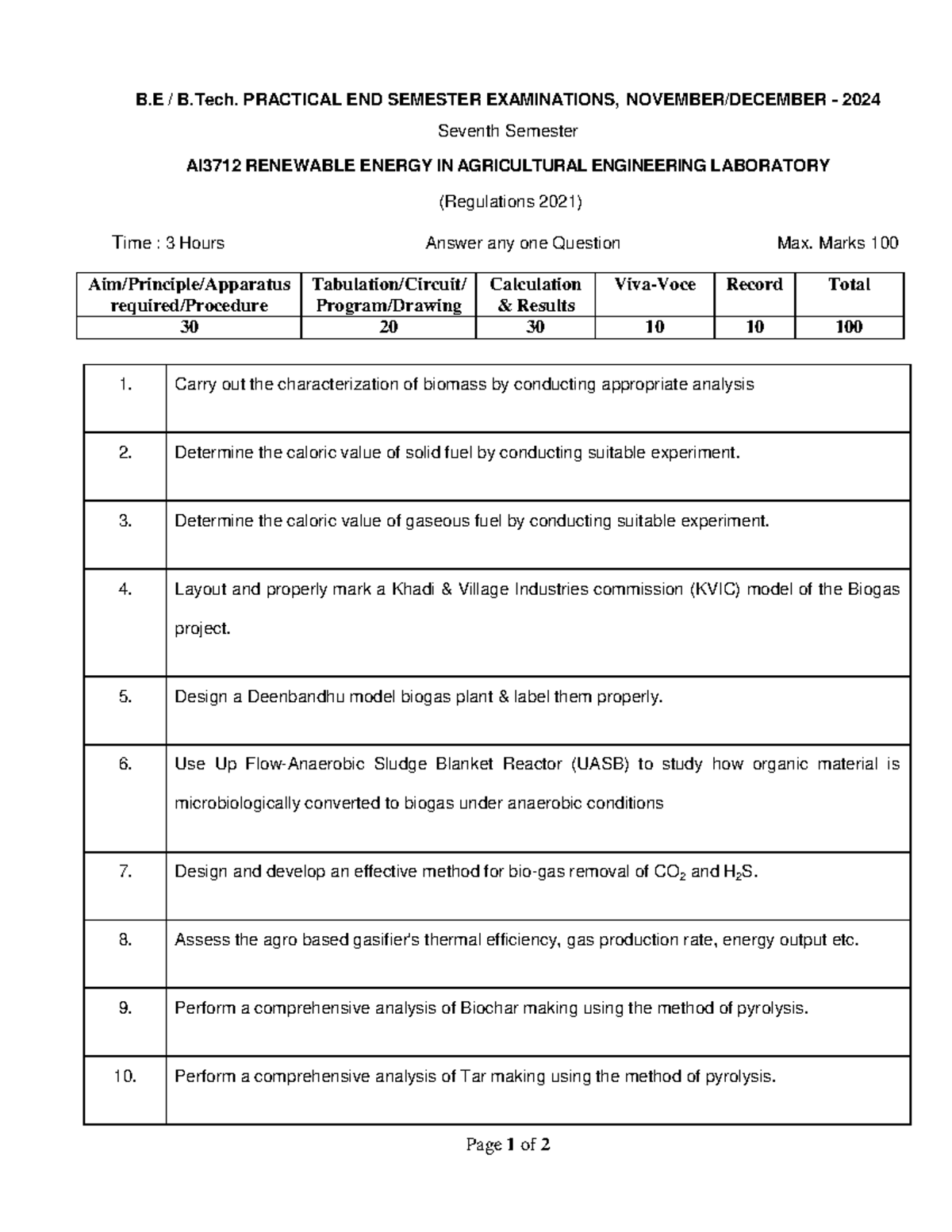 AI3712 Seventh Sem. Renewable Energy Lab Exam 2024 - Studocu