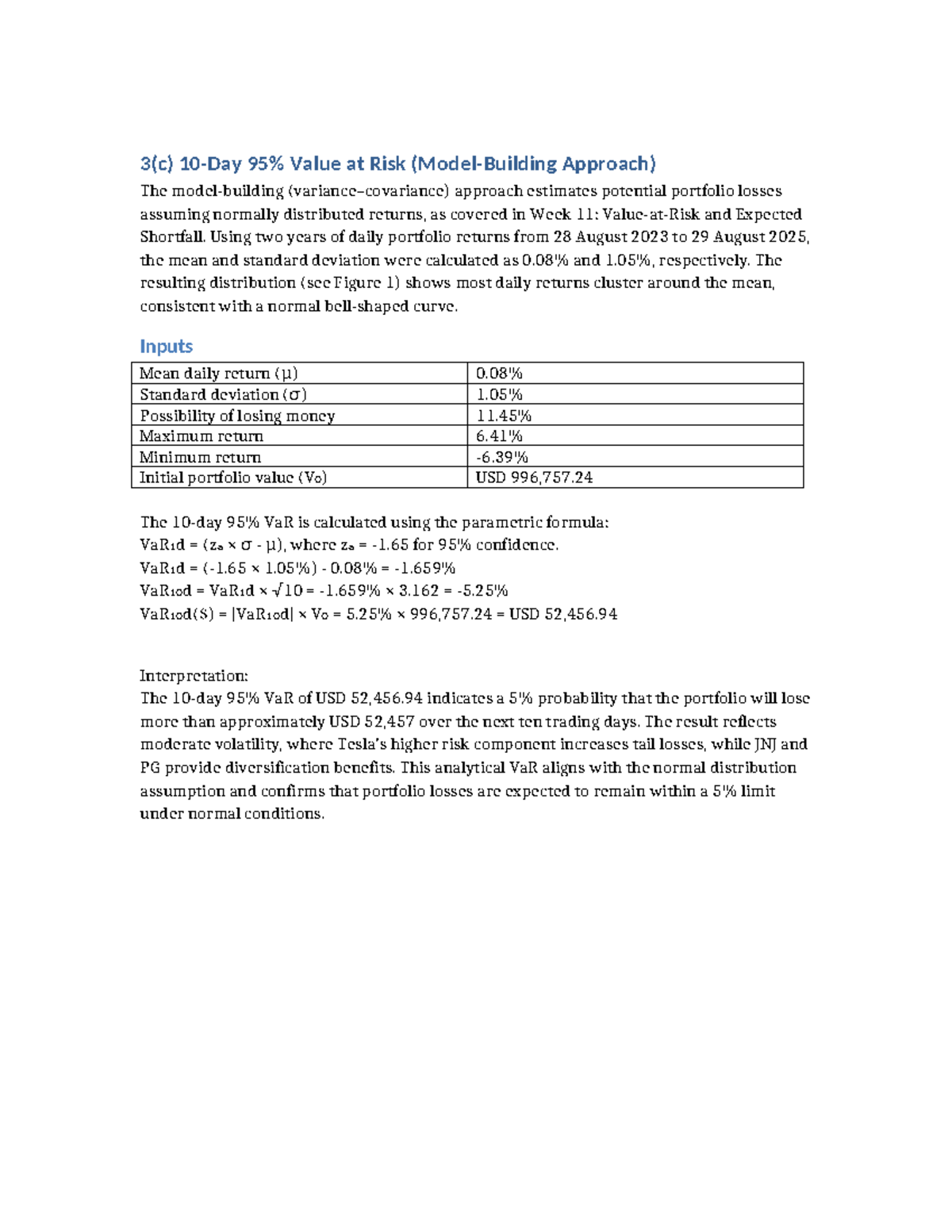A3 Section 3(c) Value at Risk Analysis and Model Building - Studocu