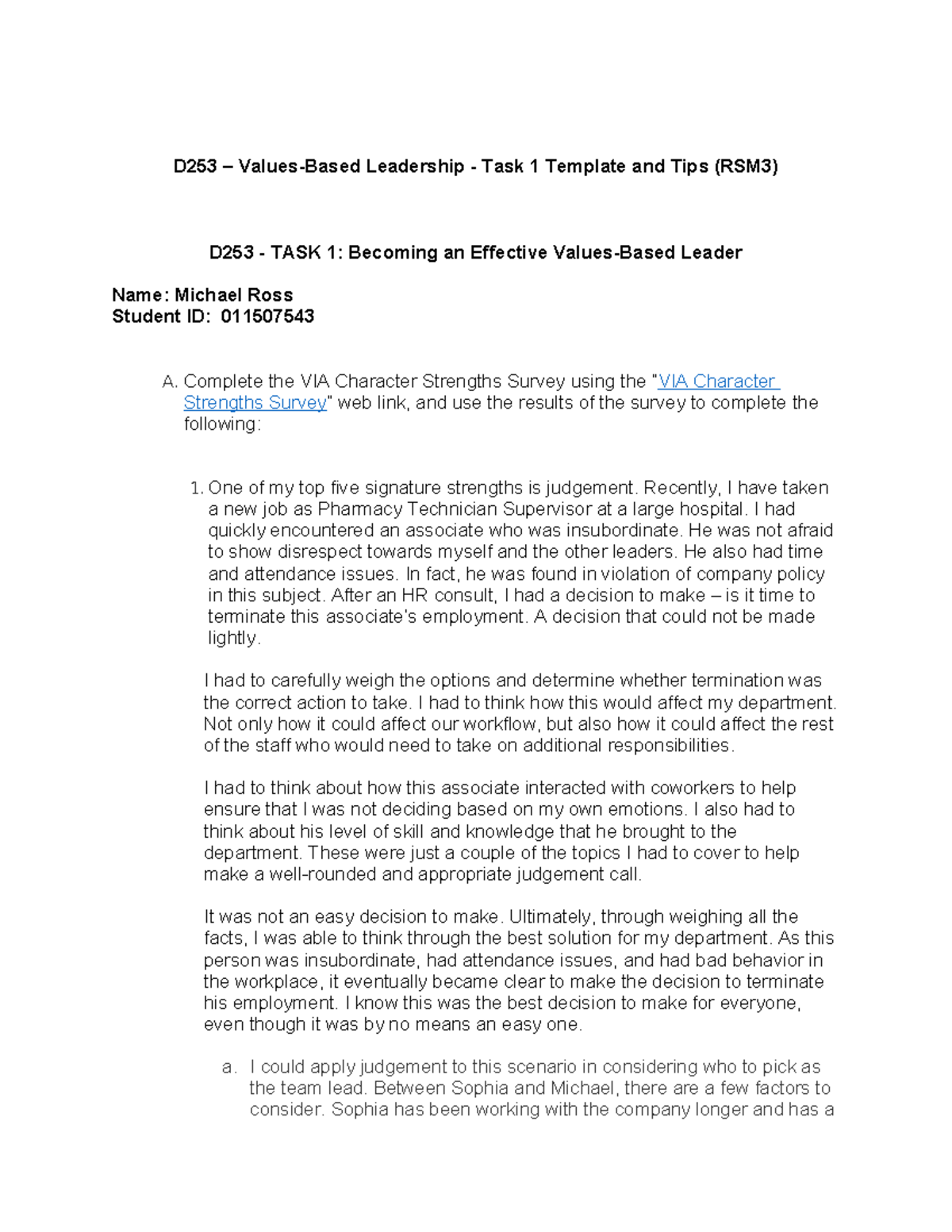 D253 v4 - RSM3 Task 1 - D253 – Values-Based Leadership - Task 1 ...