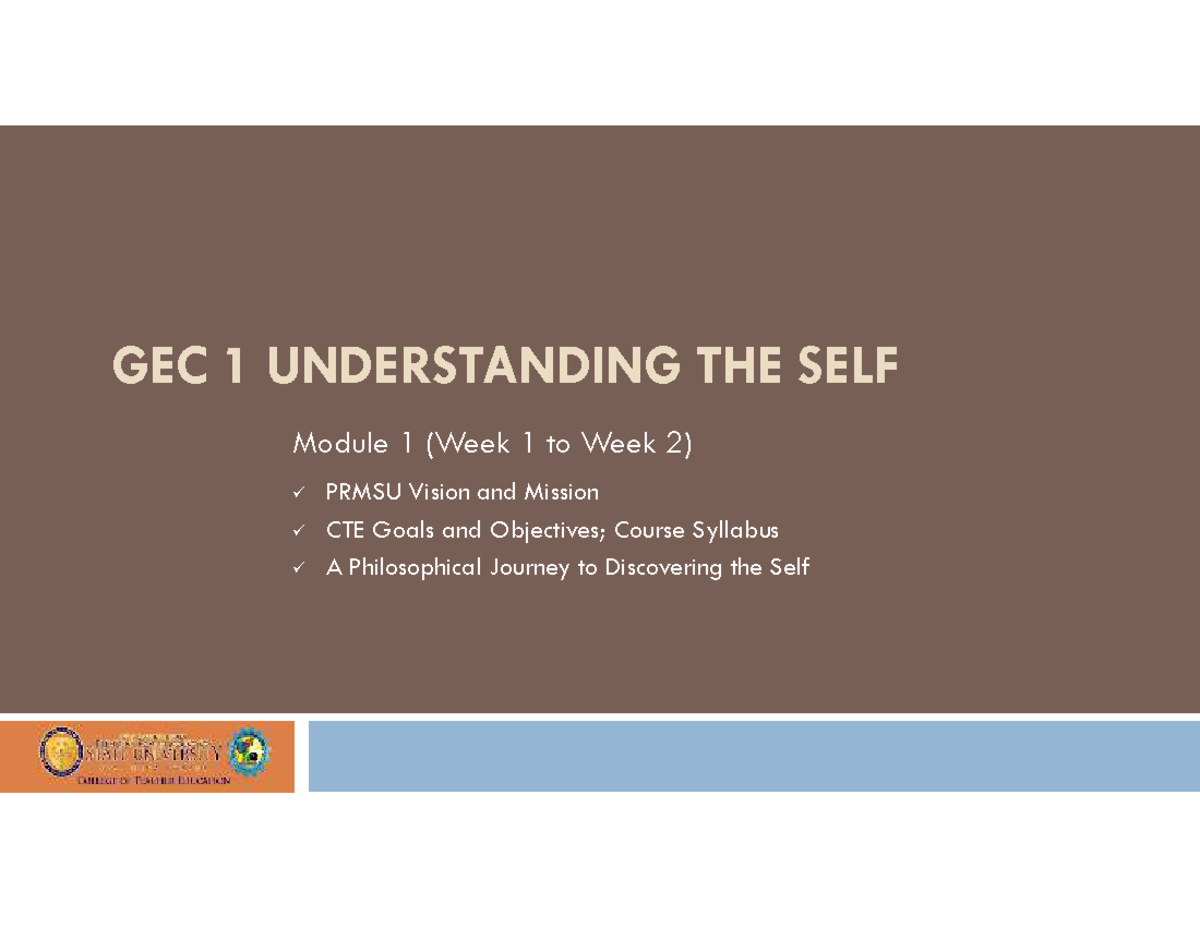 GEC 1 Module 1 Understanding the Self: Week 1 to Week 2 Overview - Studocu