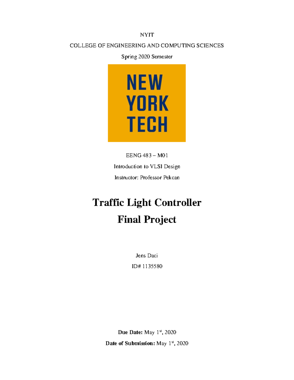 EENG 483 M01 Traffic Light Controller Final Project Report - Studocu