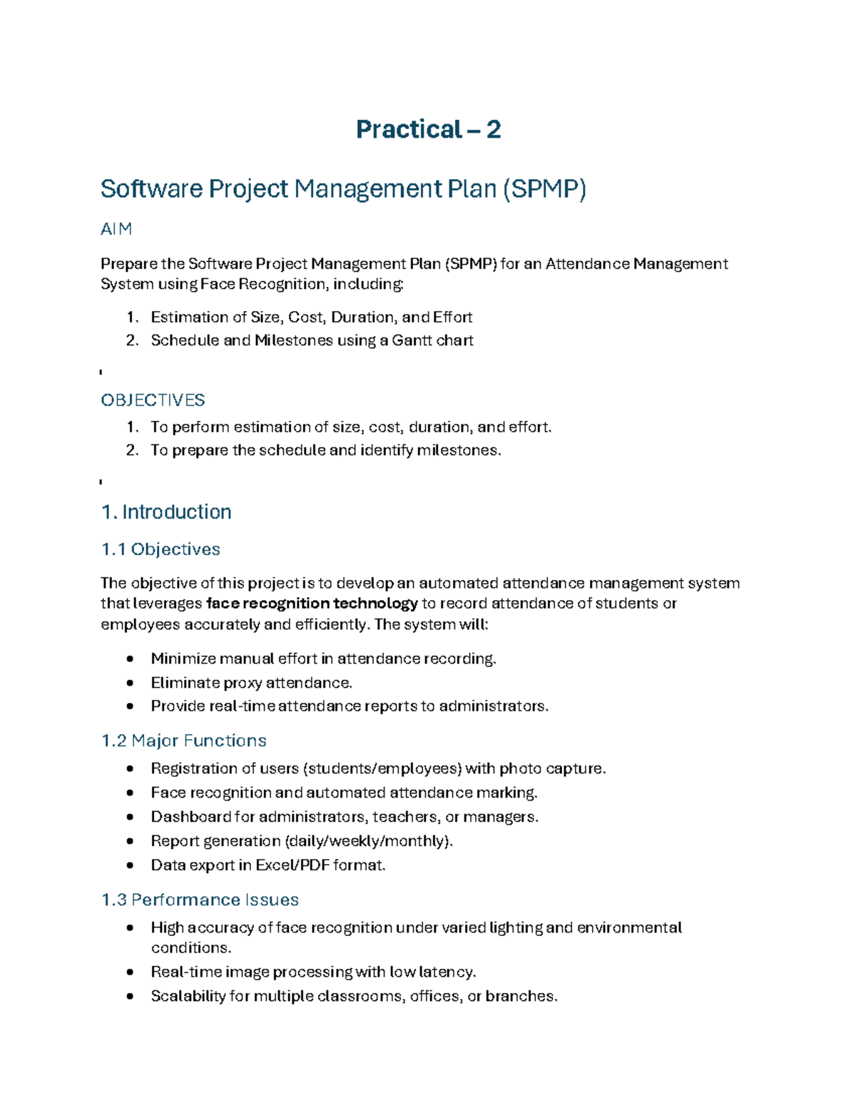 Practical 2: Software Project Management Plan (SPMP) for Attendance ...