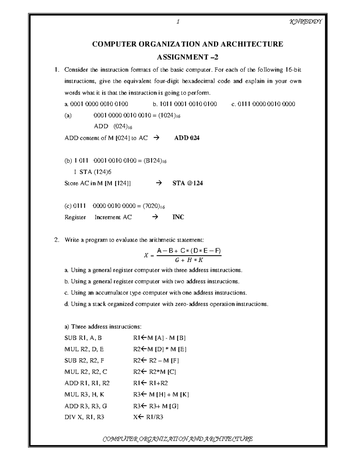 Assignment 2 - solutions - COMPUTER ORGANIZATION AND ARCHITECTURE ...