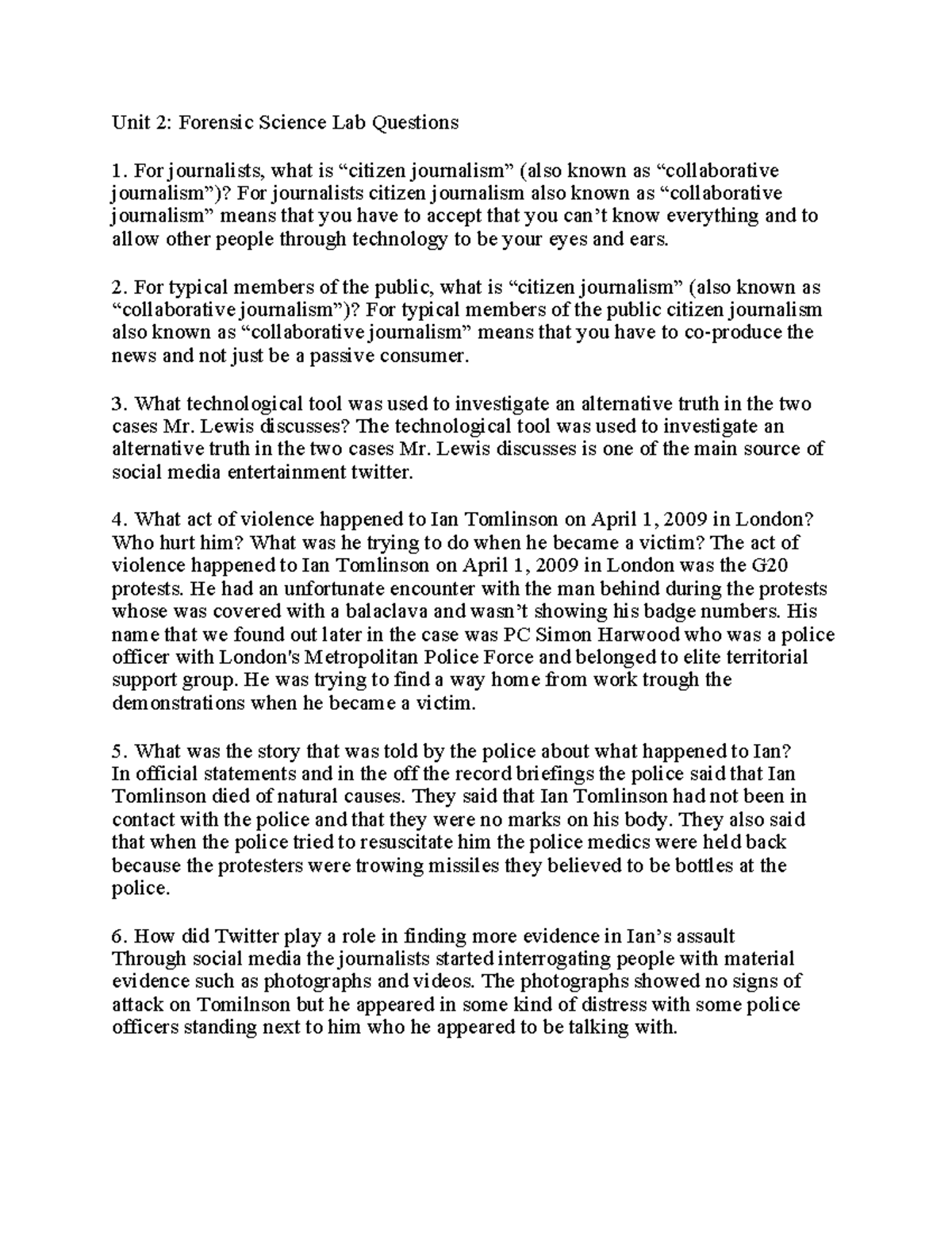 Unit 2: Forensic Science Lab Qs & Citizen Journalism Insights - Studocu