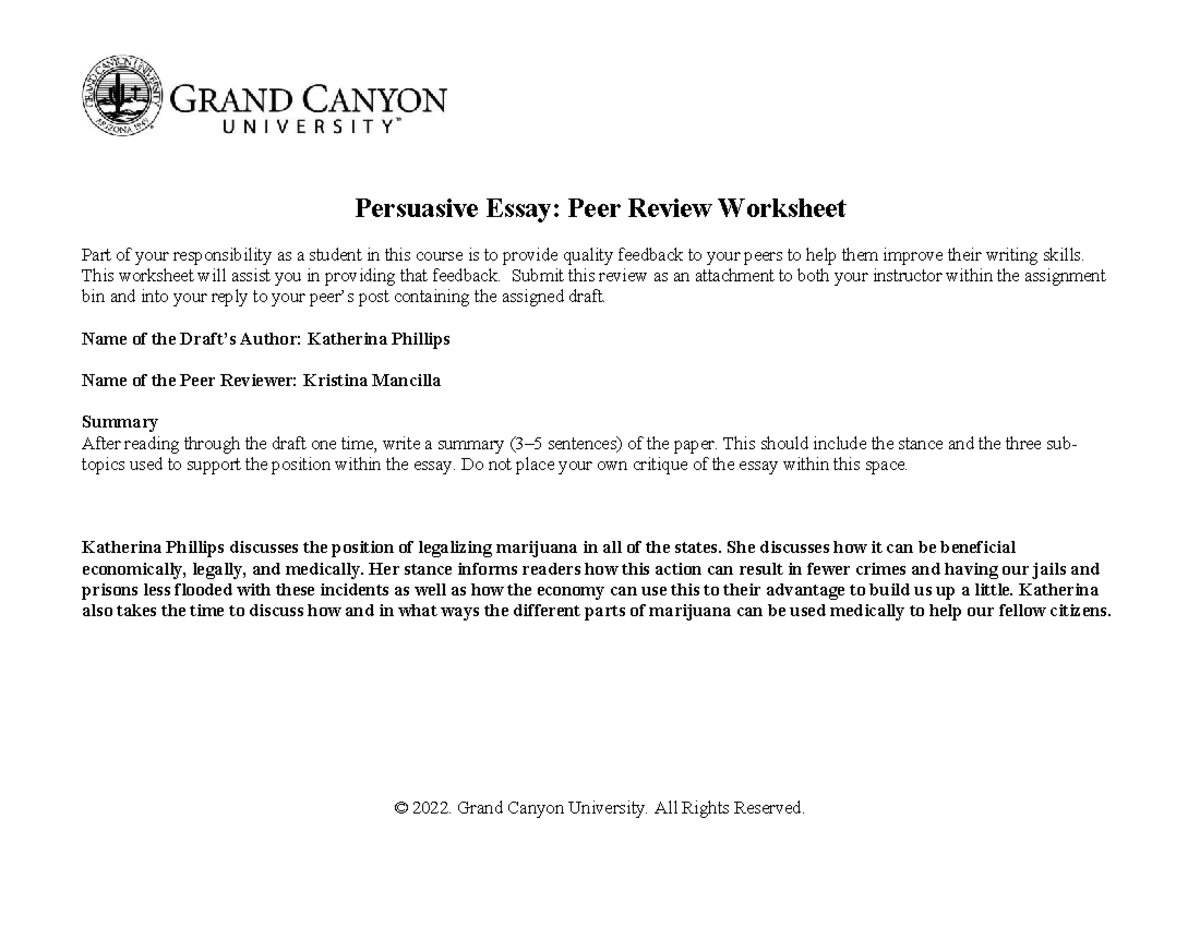 T-6 Peer Review Worksheet PHI105 - Persuasive Essay: Peer Review ...