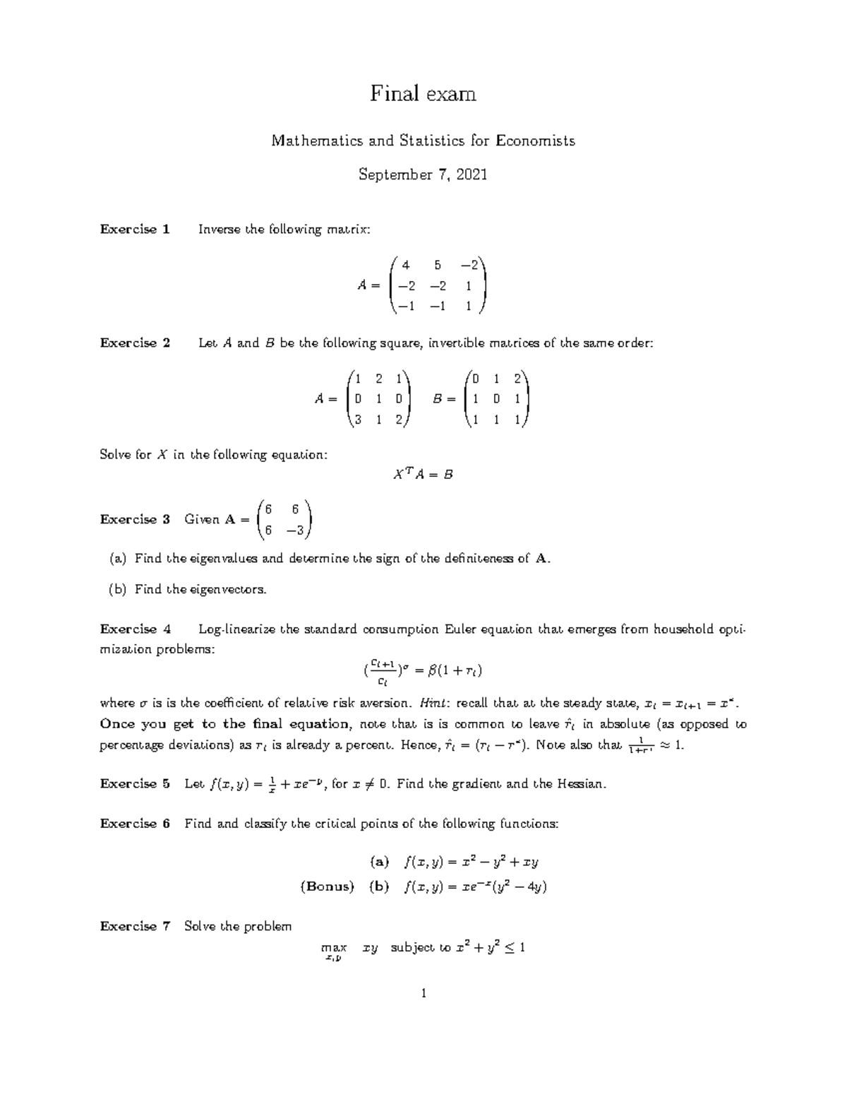 Final Exam: Mathematics & Statistics for Economists (ABC 2021) - Studocu