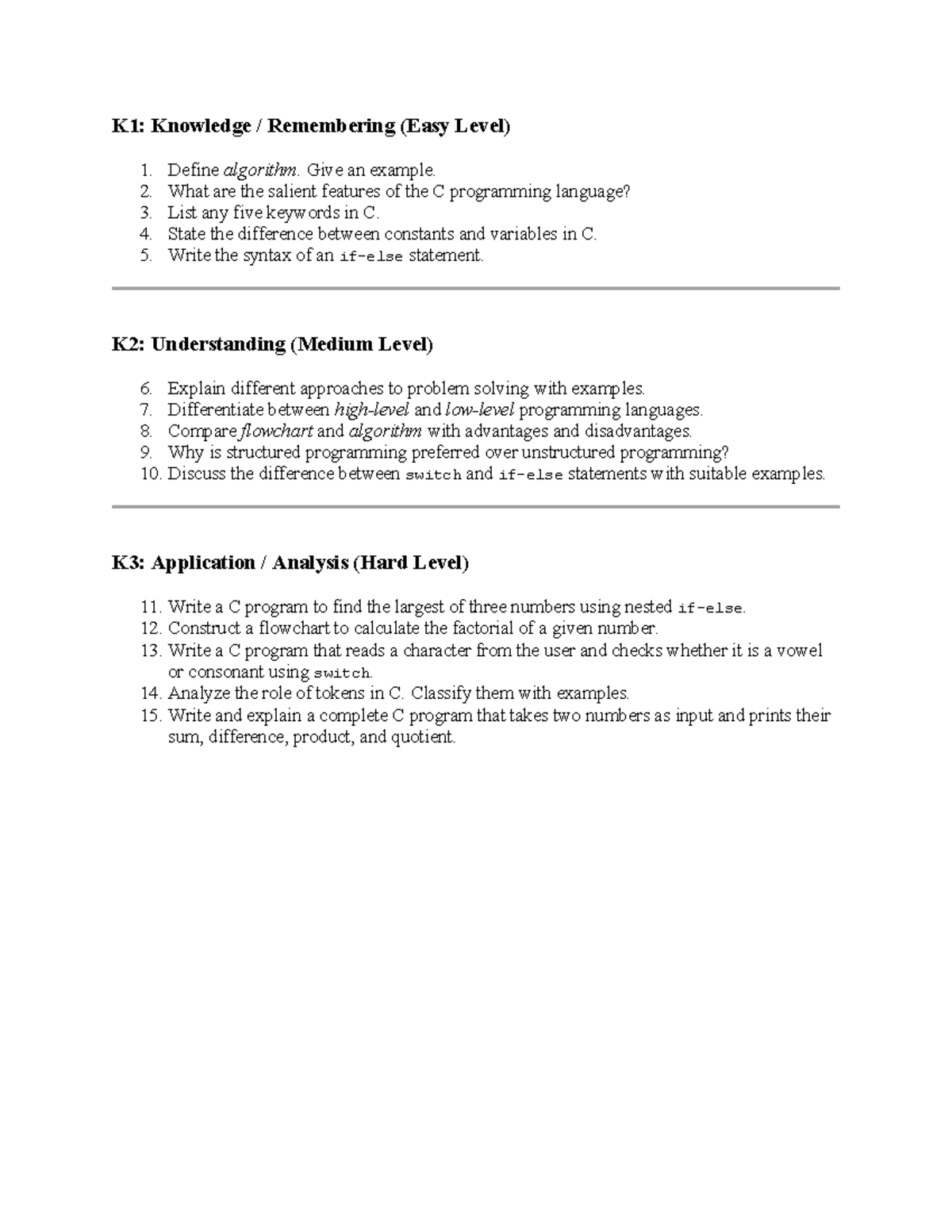 C Programming Questions: Knowledge, Understanding & Application - Studocu