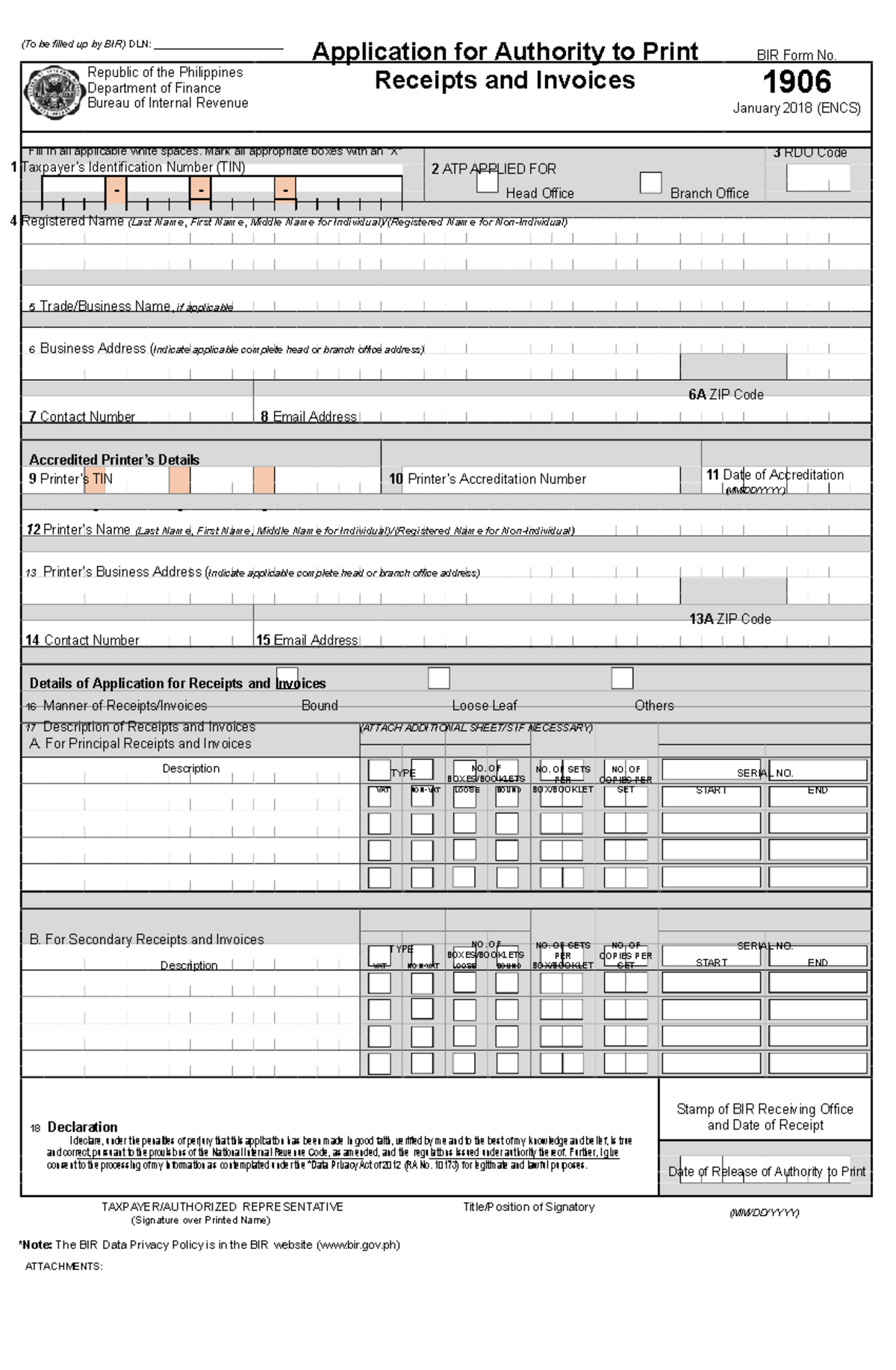 Authority to Print Receipt and Invoices BIR Form No. 1906 - (To be ...