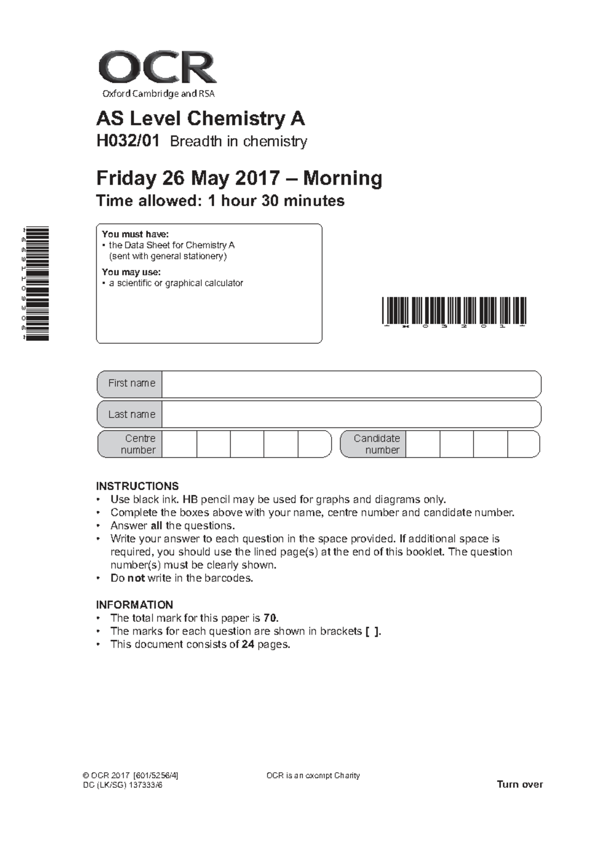 OCR AS Level Chemistry A Breadth Exam Paper - June 2017 - Studocu