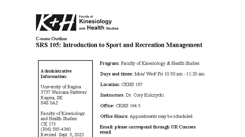 Syllabus for SRS 105: Intro to Sport & Recreation Management 2025 - Studocu