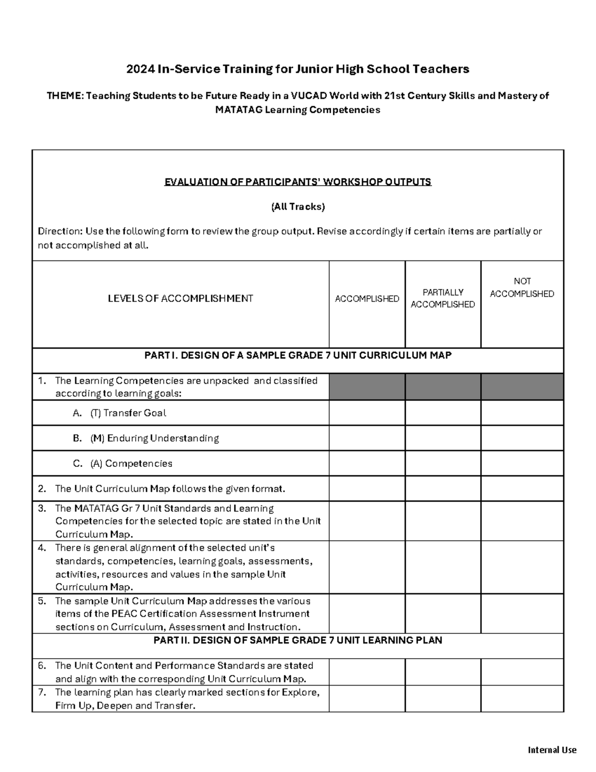 2024 JHS Inset Evaluation Tool: Assessing Curriculum & Learning Plans - Studocu