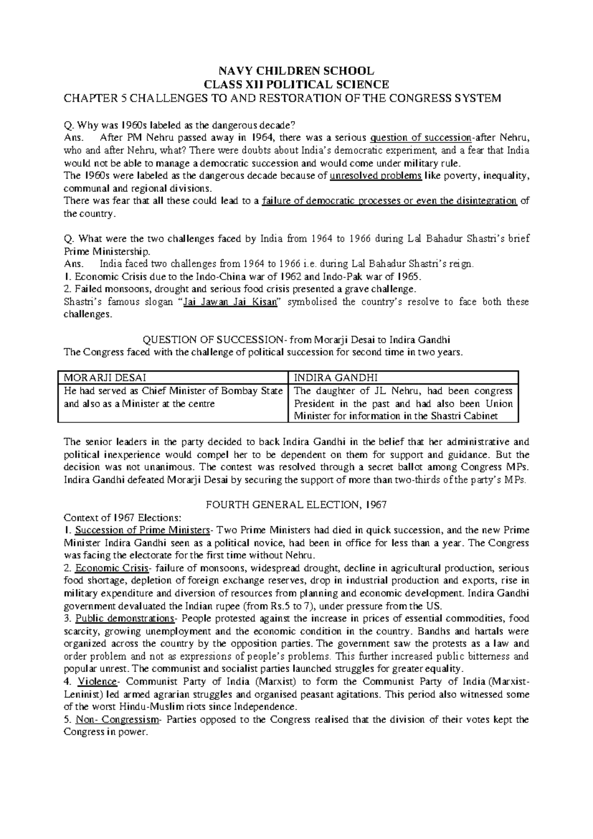 CH XII Political Science: Challenges & Restoration of Congress System ...