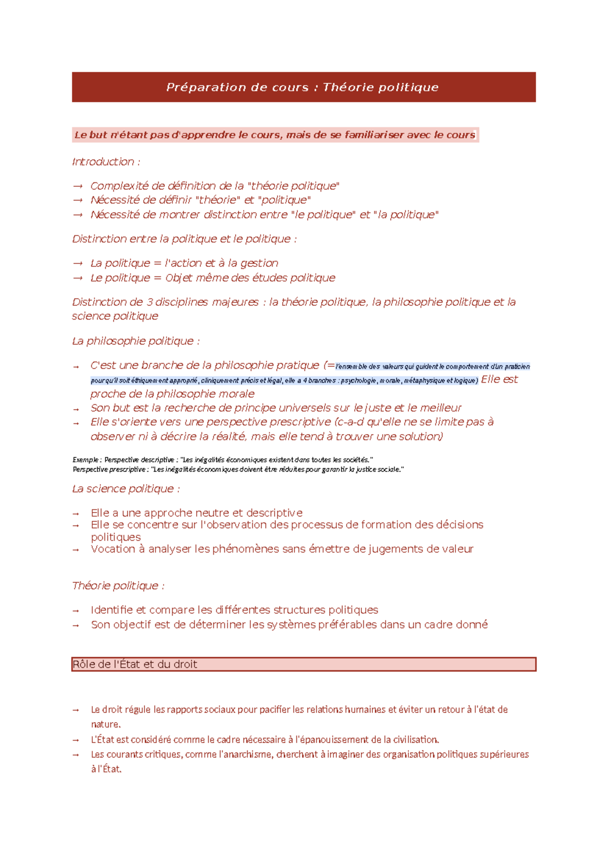 Prep Cours : Théorie Politique - Concepts et Distinctions Essentielles - Studocu