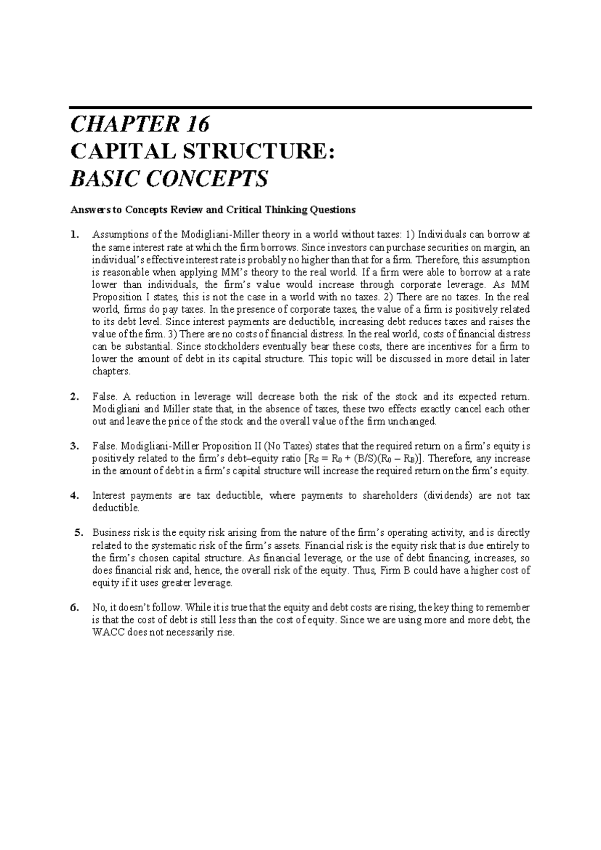 Chapter 16 Capital Structure: Problem Solutions & Key Concepts - Studocu