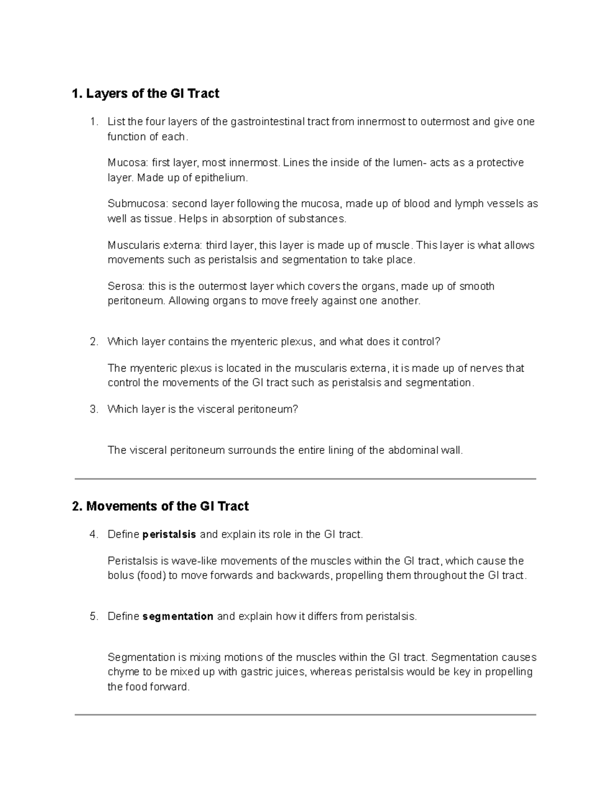 HAP2 Final Exam Study Notes: GI Tract Layers & Functions - Studocu
