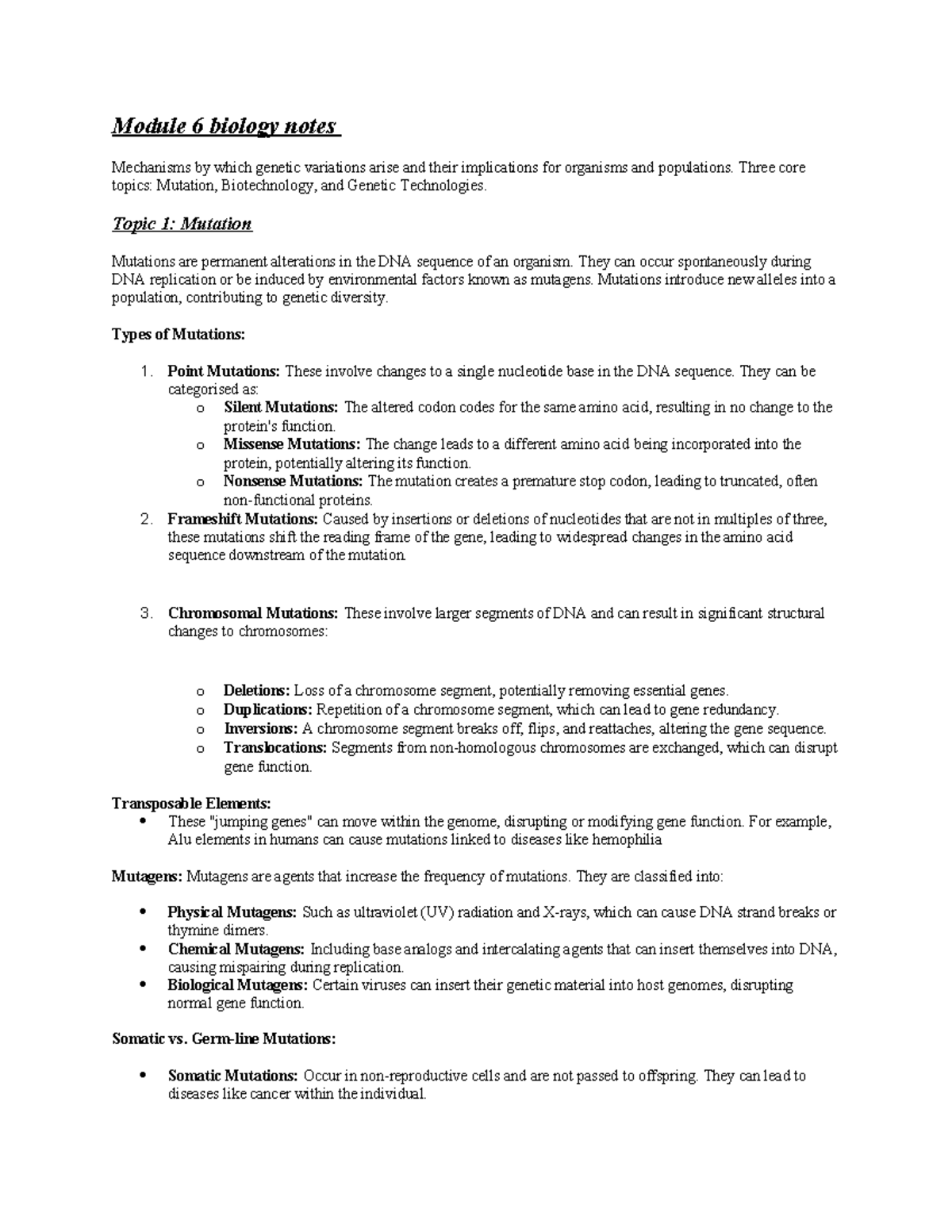 Module 6 biology notes - Module 6 biology notes Mechanisms by which ...