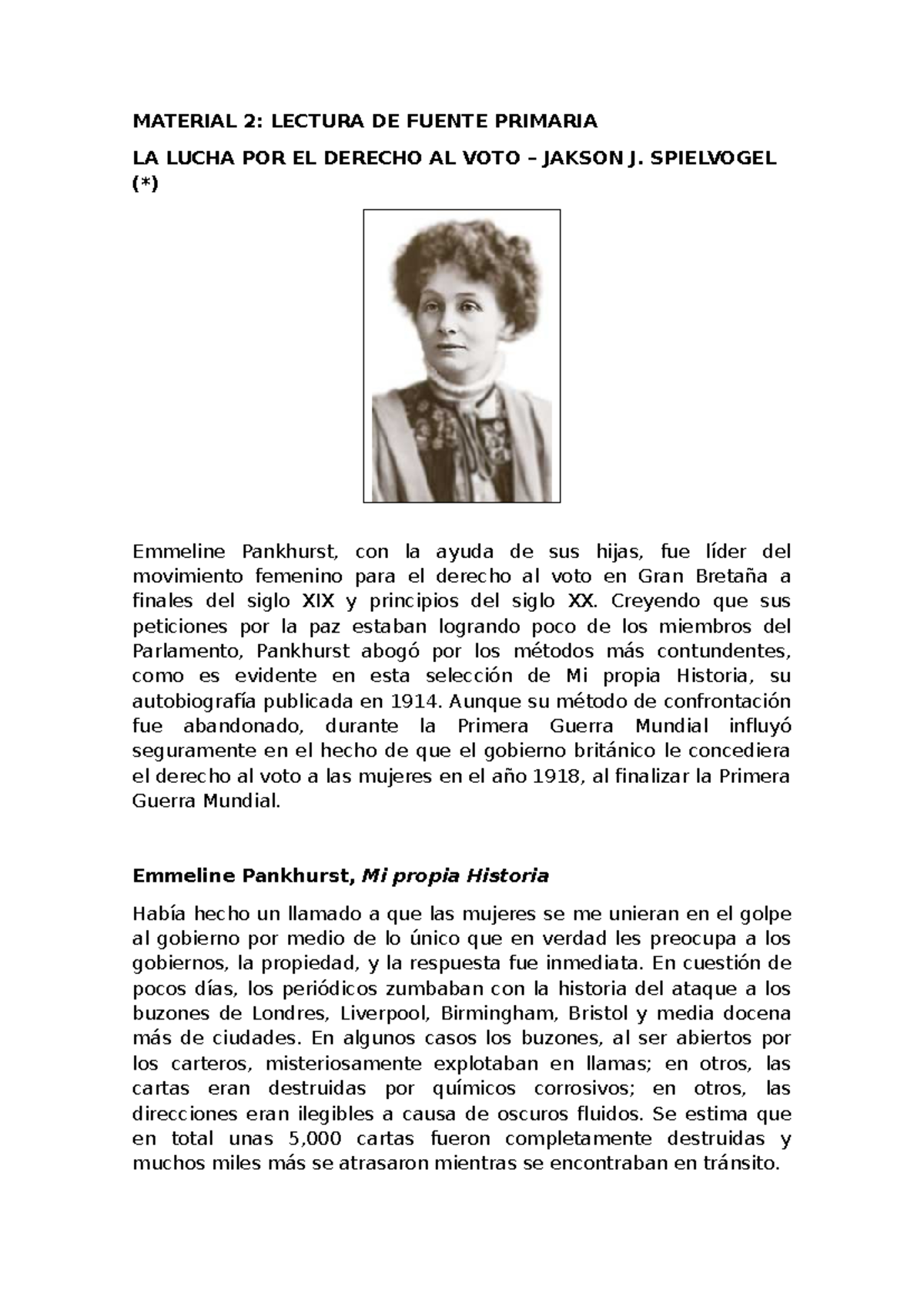 MATERIAL 2: LECTURA DE FUENTE PRIMARIA SOBRE EMELINE PANKHURST - Studocu
