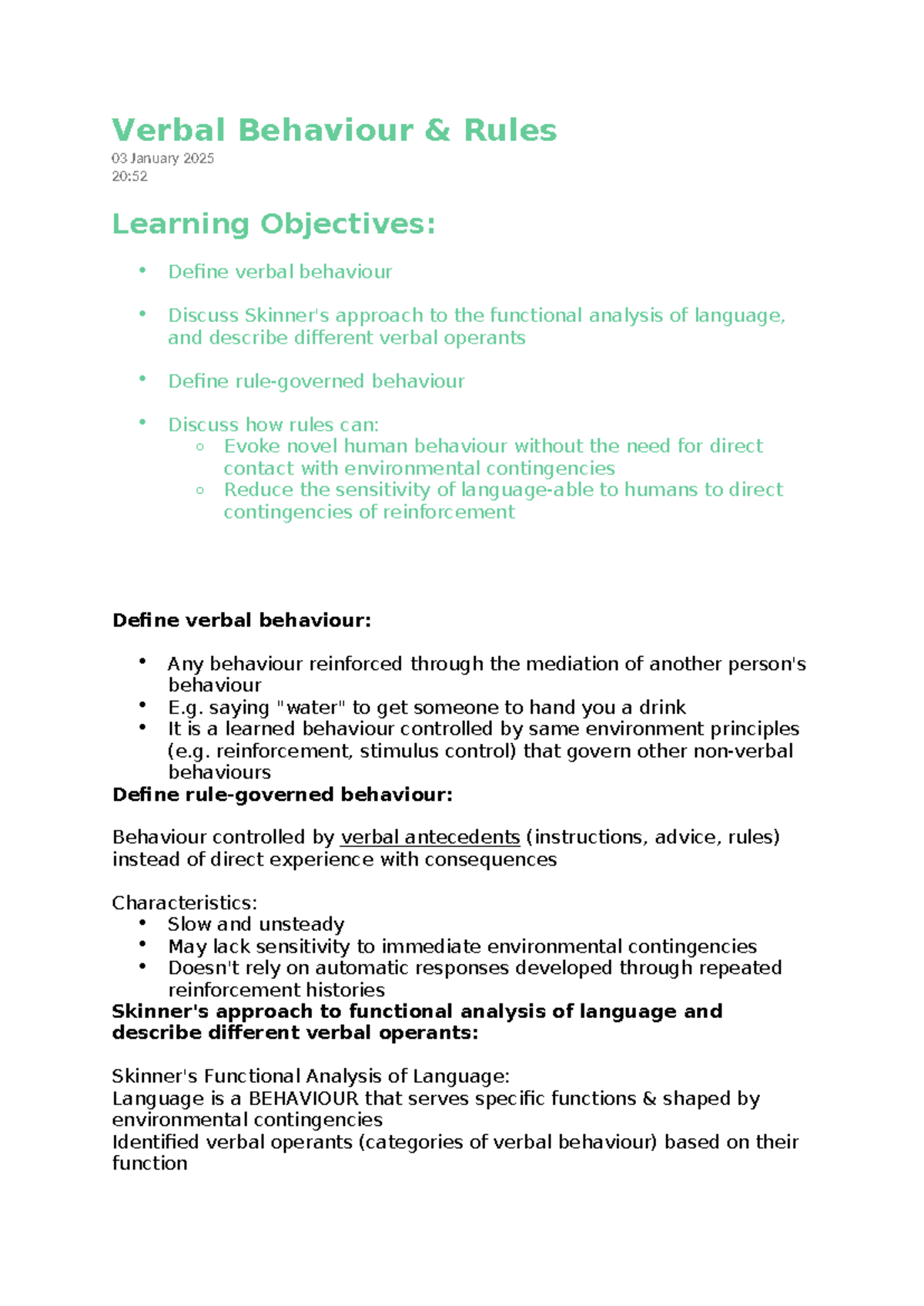Lecture 8 APA - Verbal Behaviour & Rules 03 January 2025 20: Learning ...