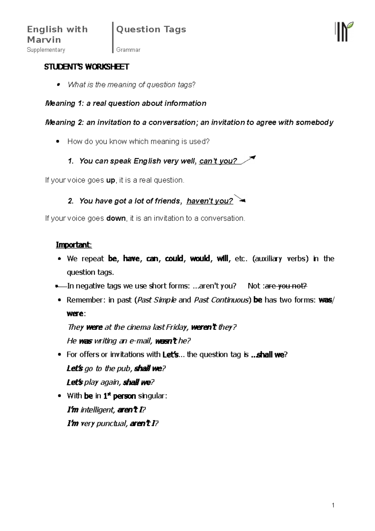 Elementary - Question TAGS - Marvin Supplementary Grammar STUDENT’S ...